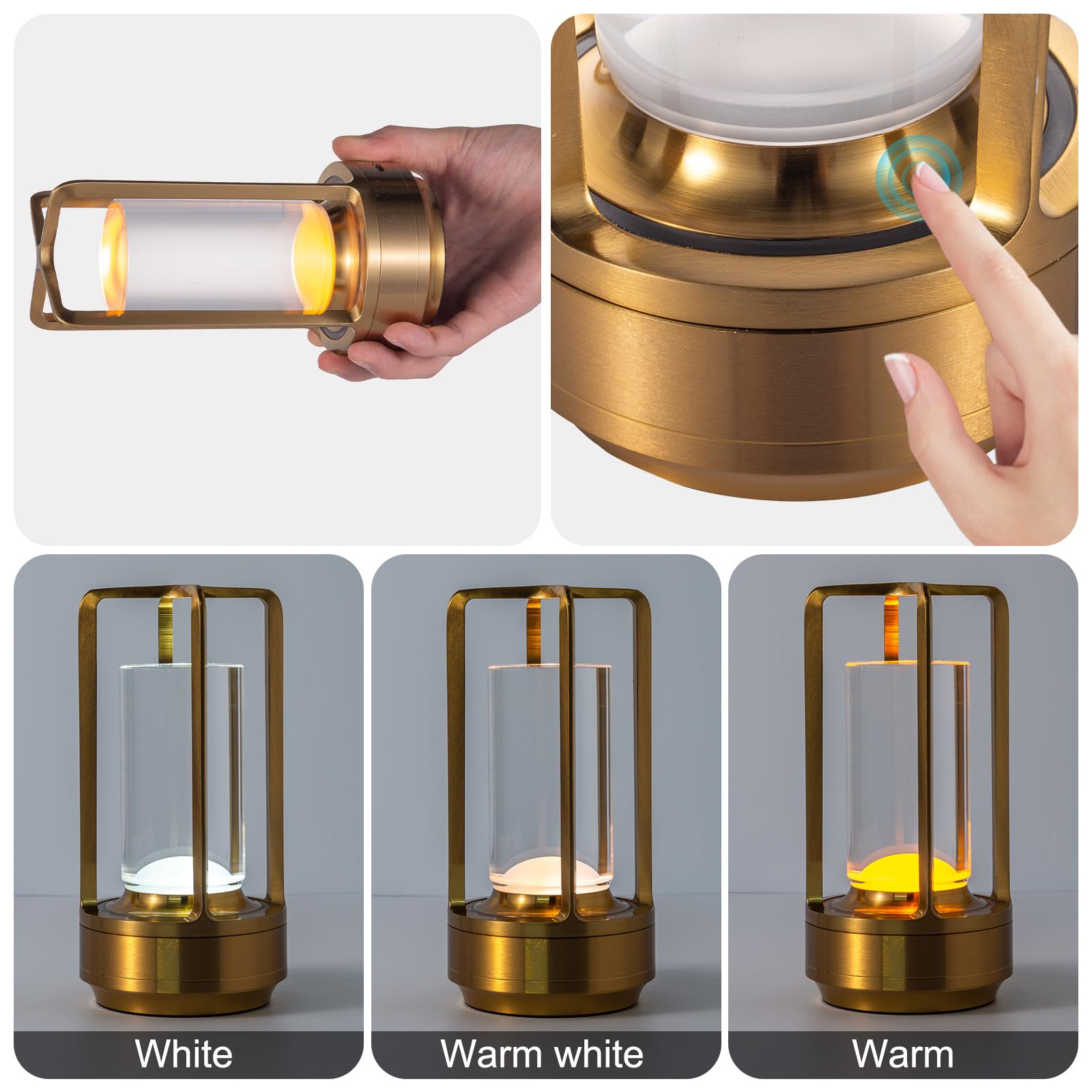Cordless Portable LED Table Lamp, Rechargeable Battery Operated Desk Lamp with Touch Sensor (2600mAh), Three-Level Dimmable Suitable for Bars/Cafes/Restaurants/Bedrooms/Camping Sites (Gold)