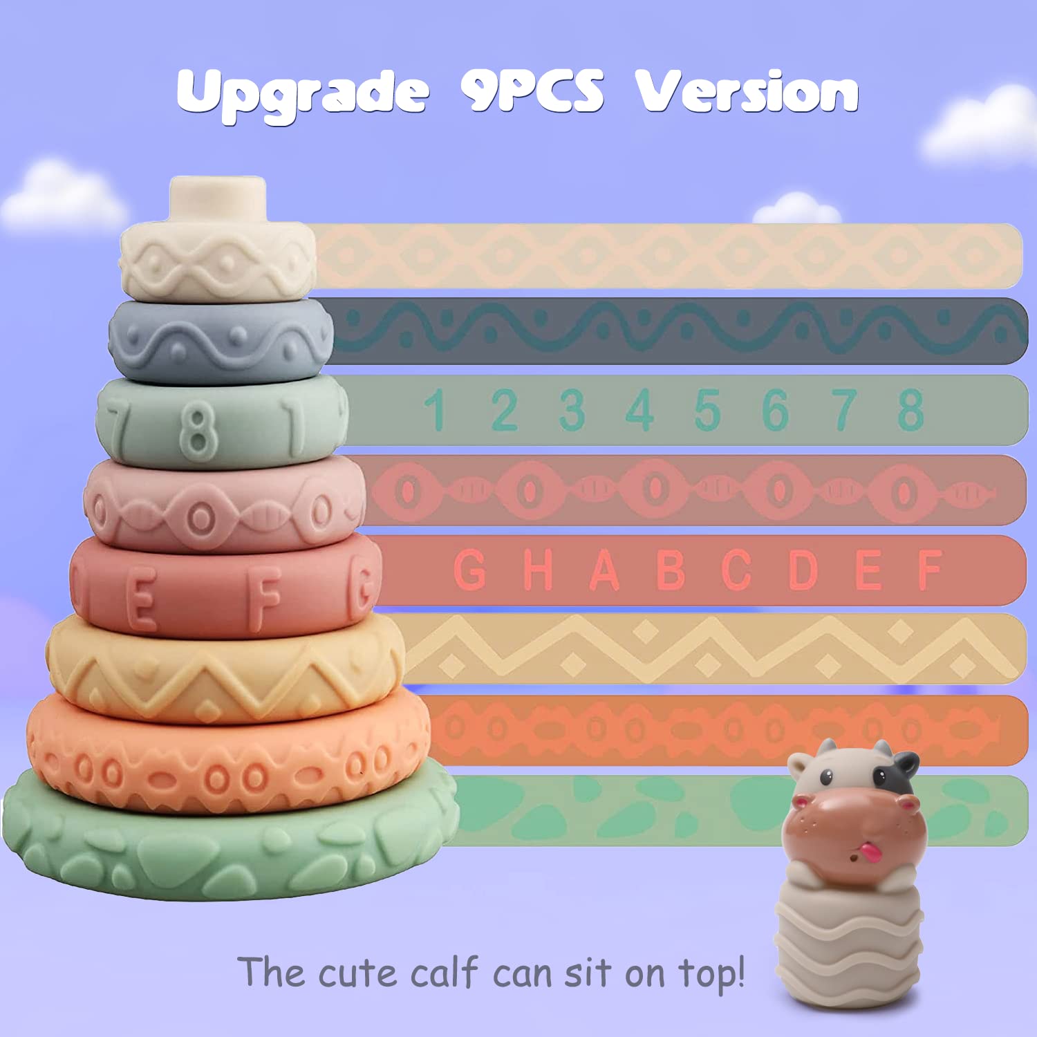 Maikerry 9PCS Stacking and Nesting Circle Toy with Cow,Soft Rings Building Stacker Squeeze Toy,Early Educational Learning Stacking Blocks Tower, Montessori Toys for 1,2,3 Year Old