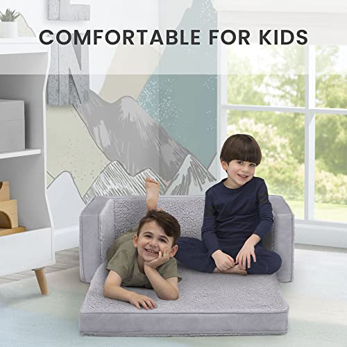 Delta Children Cozee Flip-Out Sherpa 2-in-1 Convertible Sofa to Lounger for Kids, Grey Sherpa/Suede