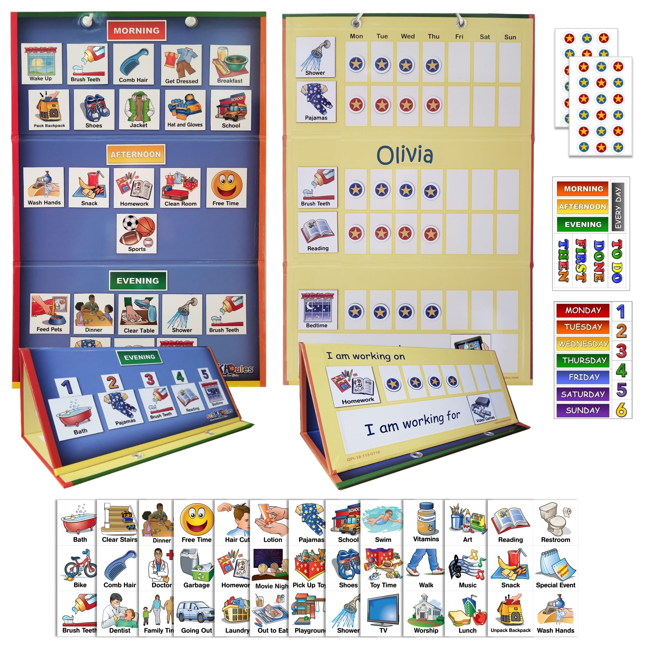 SchKIDules Home-Themed Magnetic Visual Schedule & Reward Chart w/129 Colorful Magnets & 2-Sided 18” Folding Board; for Daily Routines, Chores, Behavioral Supports, Kids’ Calendar, ADHD & Autism Tools