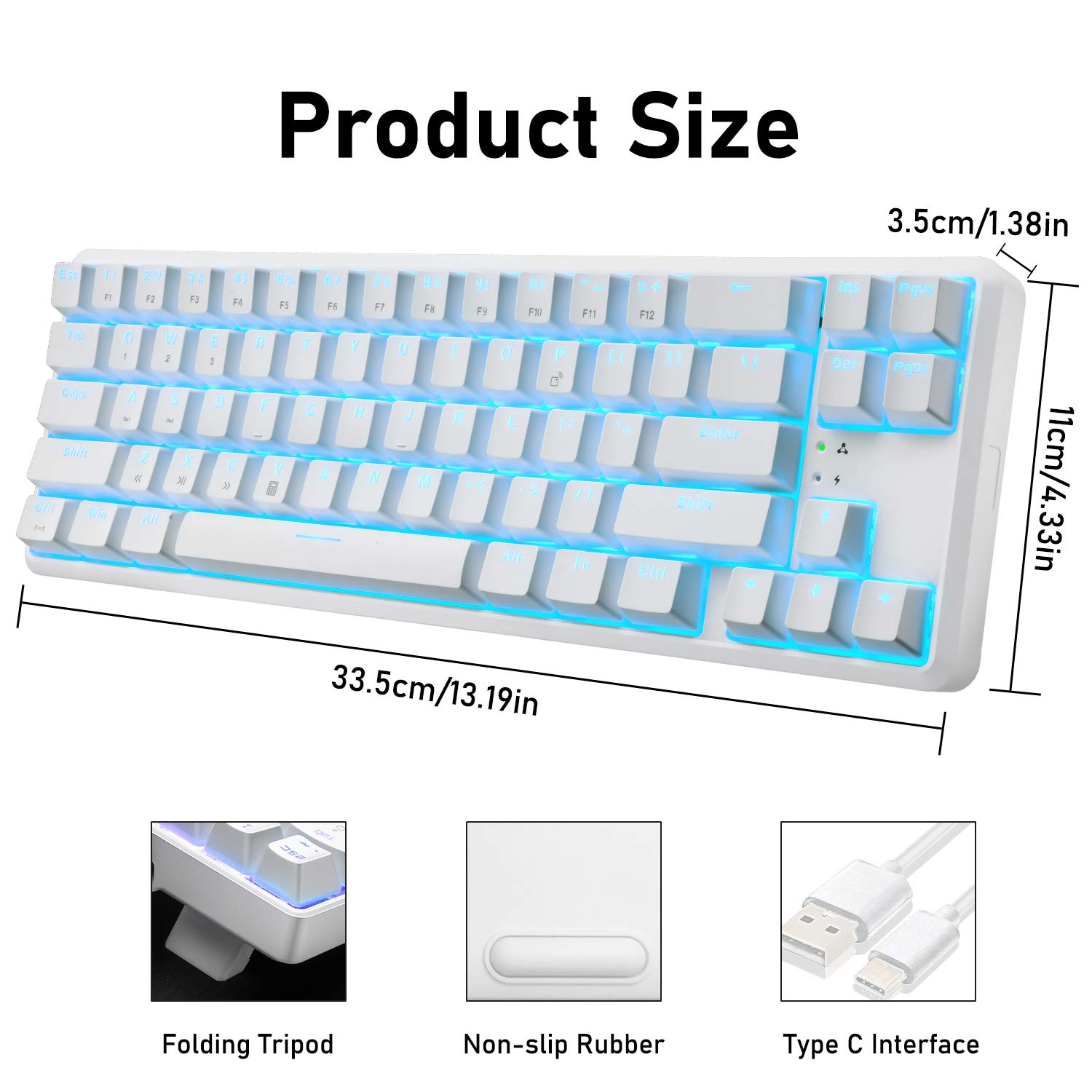Wireless 60% Mechanical Gaming Keyboard,Ultra-Compact Blue Backlit keyboard Bluetooth 4.0 Tepy C Wired/Wireless Blue Switches Computer Keyboard for Multi-Device iPhone Android Mobile PC Laptop(White)