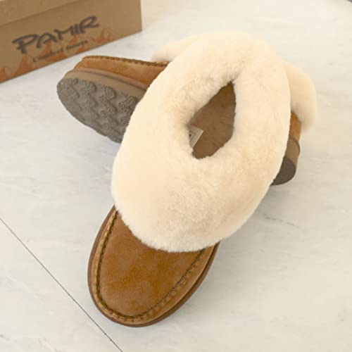 PAMIR Women's Genuine Suede Shearling Ankle Moccasin Bootie Slippers Memory Foam Indoor Outdoor Chestnut 10 M US