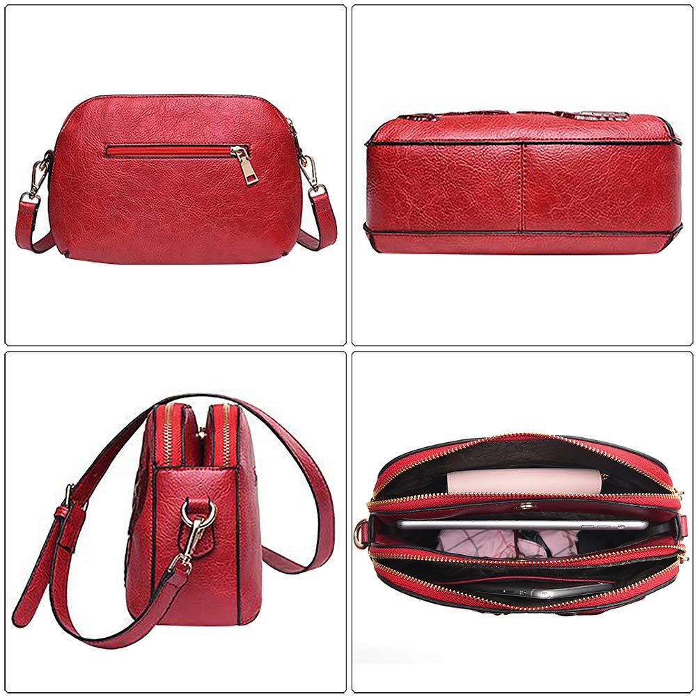 QZUnique Women's Chinese Style PU Leather Handbag Graceful Embossed Floral Shoulder Bag Zipper Crossbody Bag Red