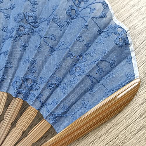 ERTUO Folding Fan Hand Fan lace Fan Retro Embroidery Folding Fan Blue