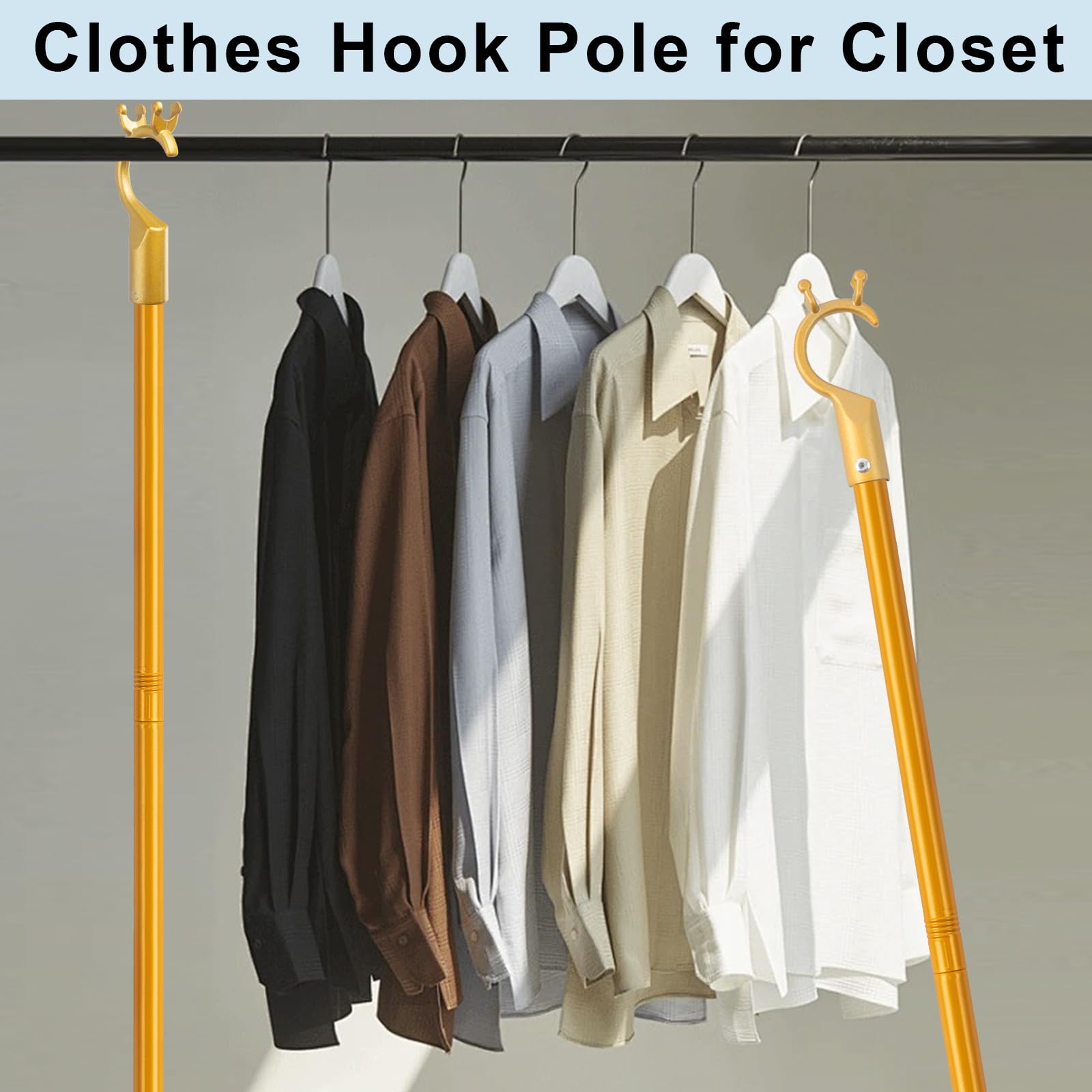 Greeily Clothes Hanger Reaching Hook, Garment Hook Reach Pole for Hanging Clothes Closet Bird Feeders Plants and Christmas Light Extendable from 31" to 61" with Sponge Handle (Yellow Hook)