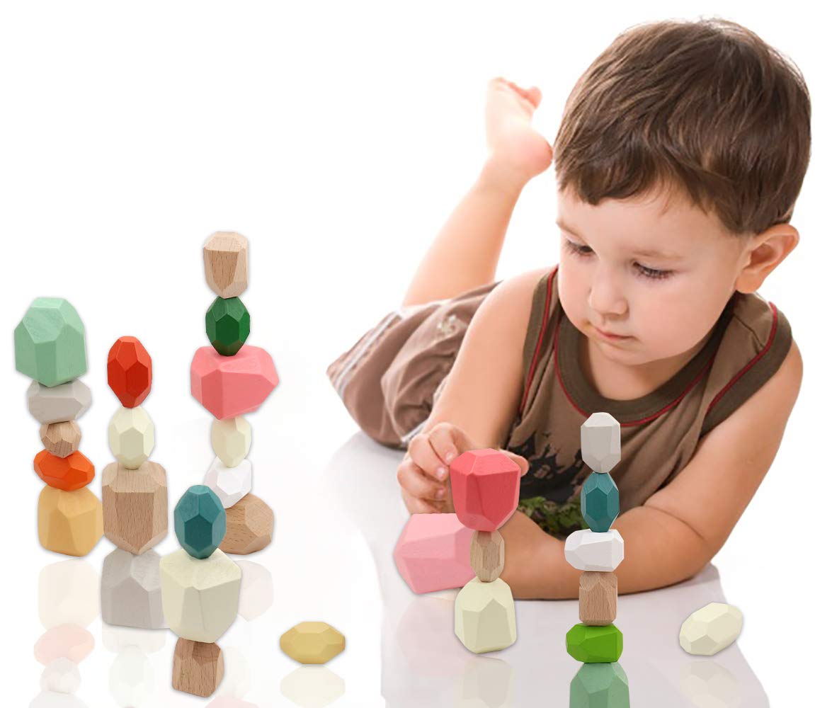 LSJDEER 40 PCS Wooden Rocks Balance Stones Building Blocks Set, Colored Wood Balancing Stone Stacking Game, Lightweight Natural Educational Preschool Learning Large Small Puzzle Toy for Kids