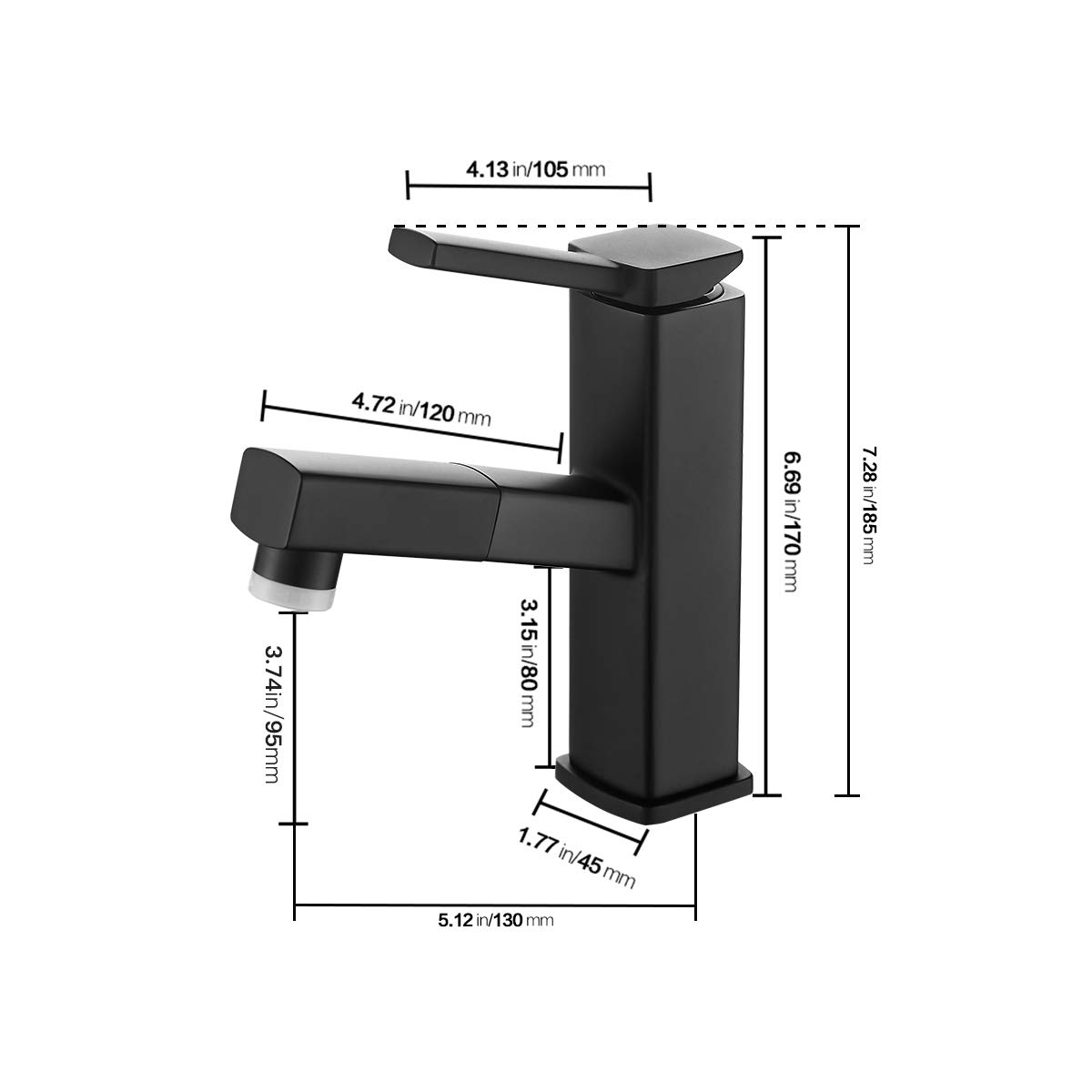 KAIYING Pull Down Bathroom Sink Faucet, Modern Lavatory Vessel Sink Faucet, Utility Single Hole Bathroom Sink Faucet with Pull Out Sprayer, Commercial Basin Mixer Tap (Regular, Black)
