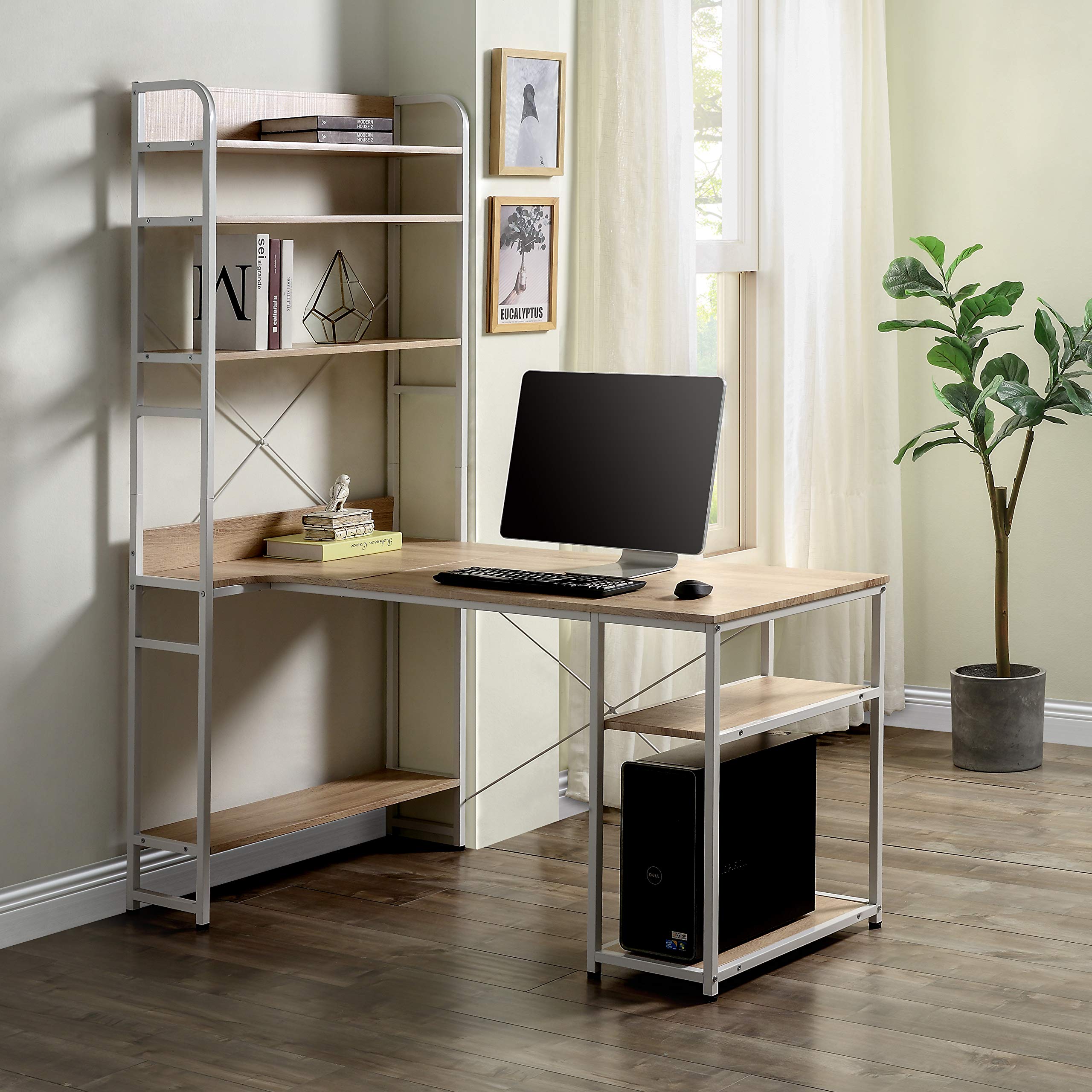 Computer Desk with 5 Tier Storage Shelves, 54 inch Home Office Desk Study Writing Table Workstation with Bookshelf and Tower Shelf for PC Laptop Sewing (White)
