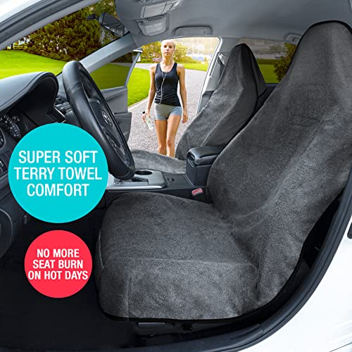 SG Edge Terry Cloth Sweat Towel Seat Cover; Carseat Towel Protector; Great for Gym Workout; Waterproof; Universal Fit for Car SUV Van Truck; EZ fit; Non Slip Grip; Machine Washable; 2pc Grey
