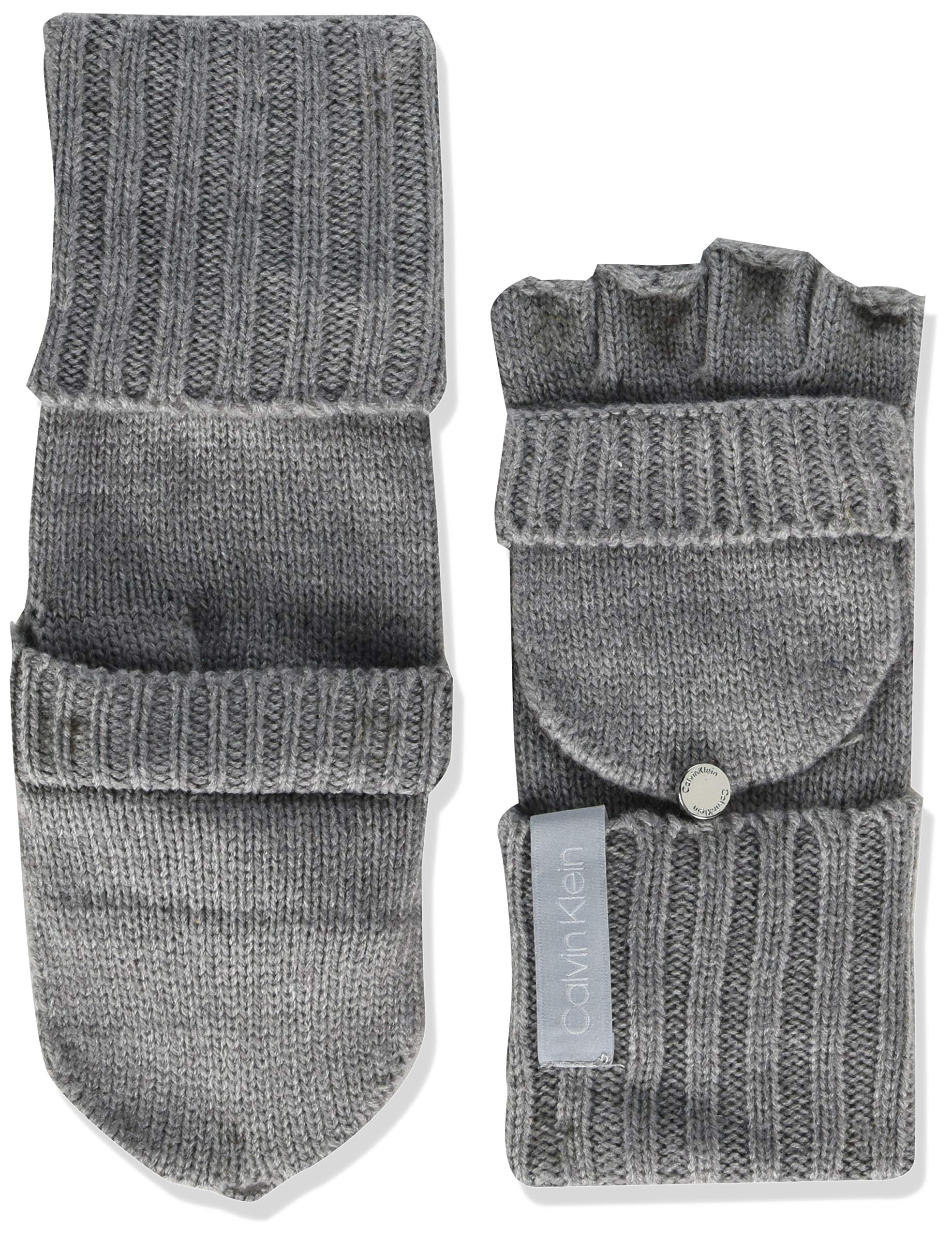 Calvin Klein Women's Knitted Convertible Fingerless Gloves with Mitten Flap Cover, heather mid Grey, One Size