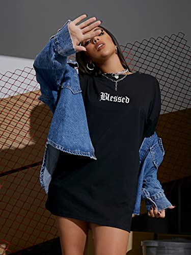 WDIRARA Women's Graphic Short Sleeve Drop Shoulder Oversized Tee Round Neck T Shirts Letter Print Black M