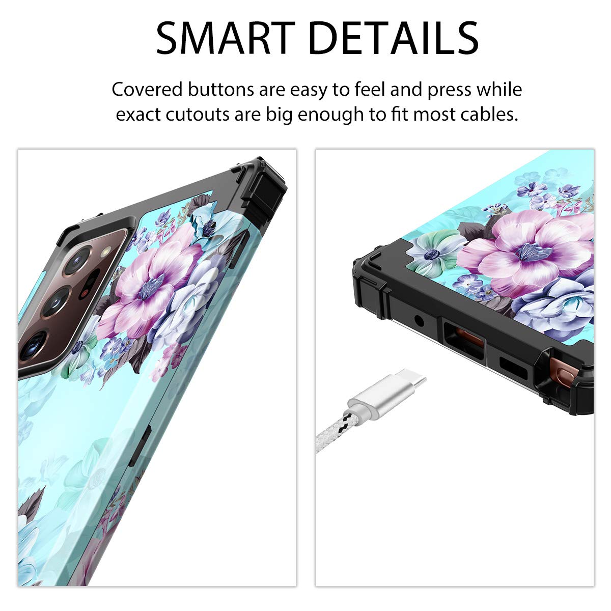 Casetego Compatible with Galaxy Note 20 Ultra Case,Floral Three Layer Heavy Duty Hybrid Sturdy Shockproof Full Body Protective Cover Case for Samsung Galaxy Note 20 Ultra 6.9 inch,Blue Flower