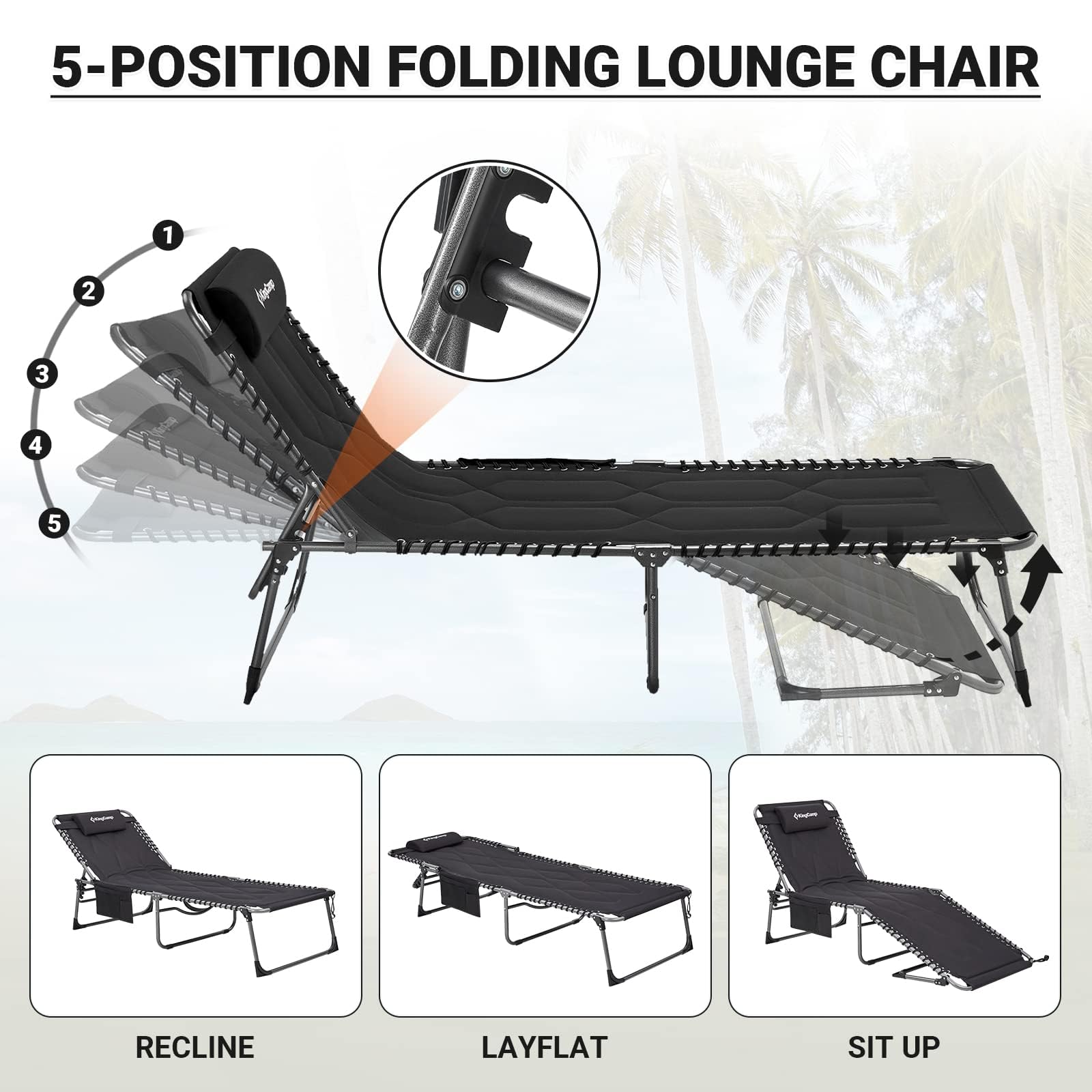 KingCamp Oversize Padded Folding Chaise Lounge Chair for Outdoor, Patio, Beach,Lawn, Sunbathing, Tanning, Pool, Lay Flat Heavy-Duty Adjustable Reclining Chairs with Pillow, Pocket, Support 330lb