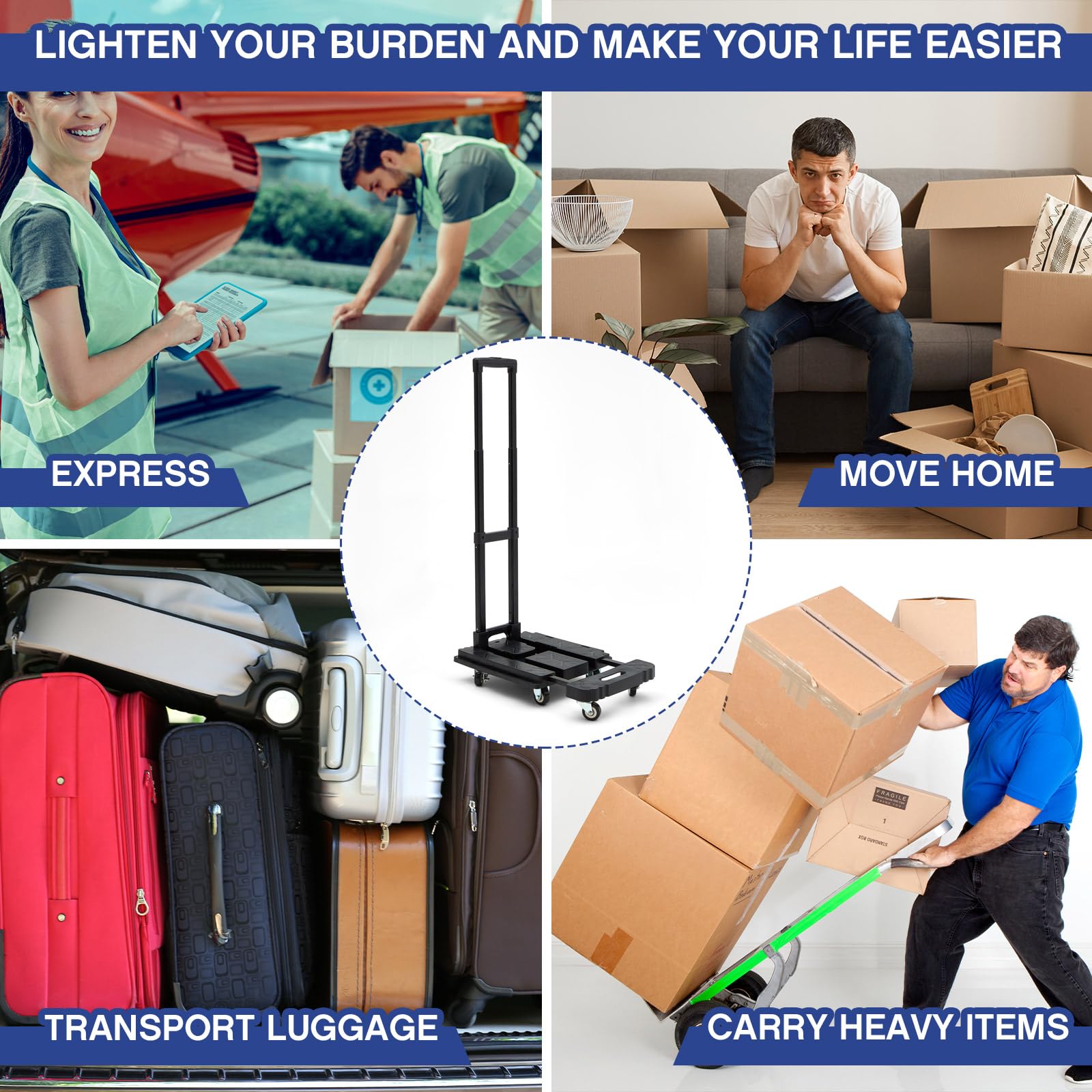 Datanly 2 Pcs Combinable Folding Hand Truck Dolly Cart 660 lb Portable Heavy Duty Dolly Cart with 6 Rotate Wheels 2 Bungee Cord Adjustable Handle Moving Platform for Luggage Travel Shopping Office