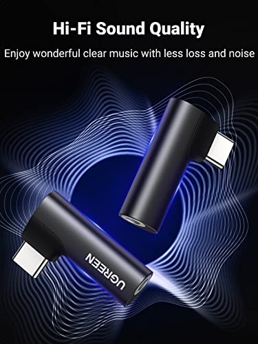 UGREEN USB C to 3.5mm Audio Adapter Type C Aux Headphone Jack DAC Stereo Mic HiFi Right Angle Earphone Dongle Compatible with iPad Pro Air 5 4 Mini 6, Galaxy S23 Ultra S22 S21 S20, Pixel 7 Pro, Black