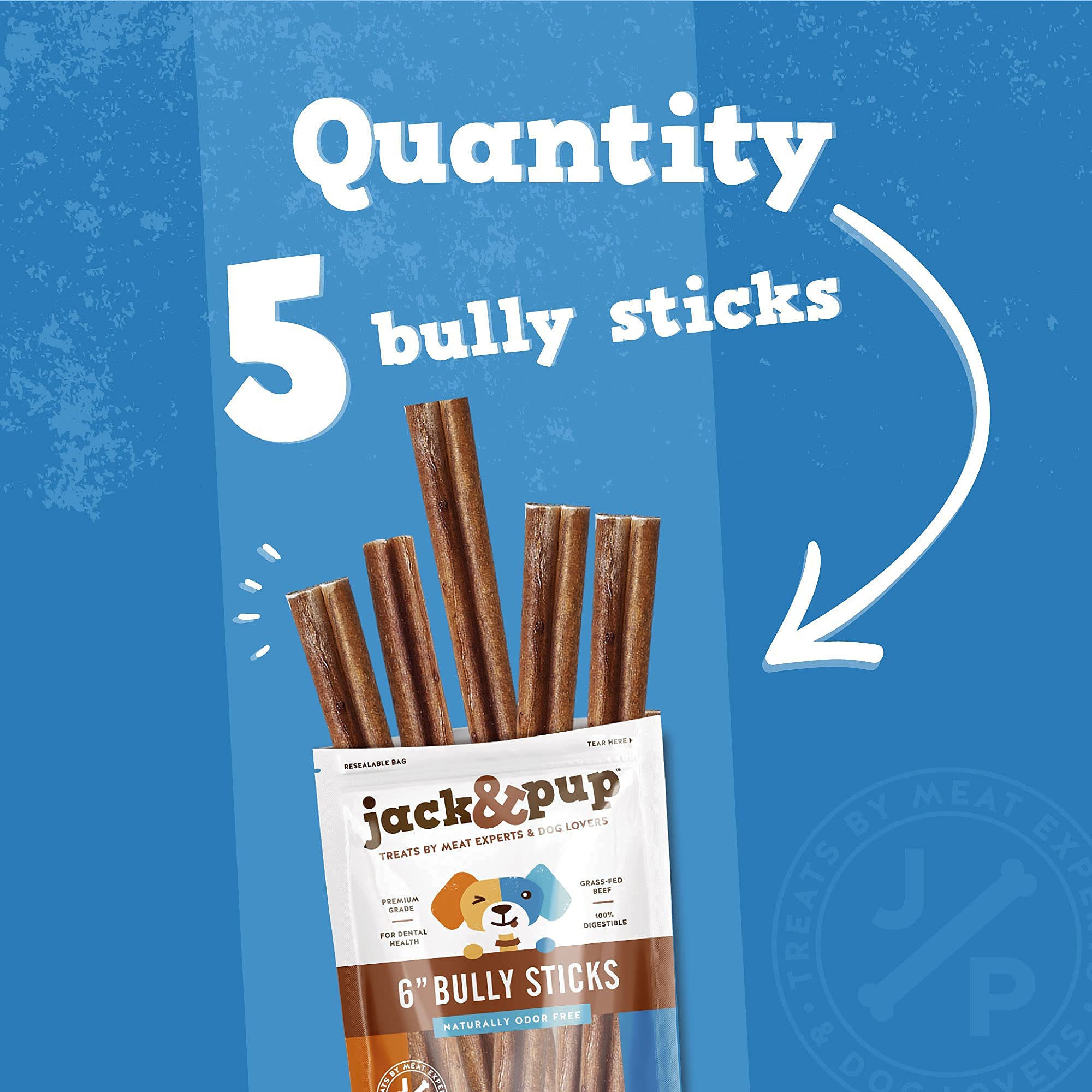 Jack&Pup 6 Inch Bully Sticks for Medium Dogs | Thick Odor Free Bully Sticks Long Lasting | All Natural, 100% Beef Pizzle Sticks (Thick 5, Pack)