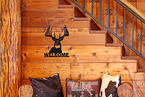 Welcome Whitetail Deer Buck Metal Wall Art Sign | Laser Cut | Black | Home Cabin Decor | Big Game Steel