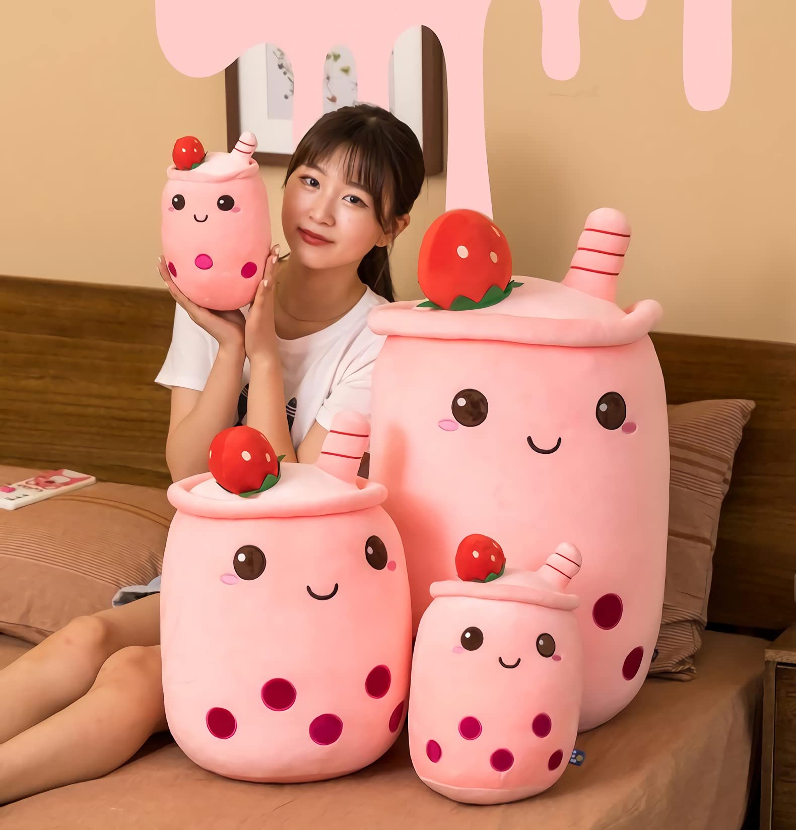 VICKYPOP Boba Plush Toy Cute Stuffed Bubble Tea Food Shaped Throw Pillow Cushion Cartoon Fruit Milk Tea Gift for Kids (Pink Open, 9.4 inches)