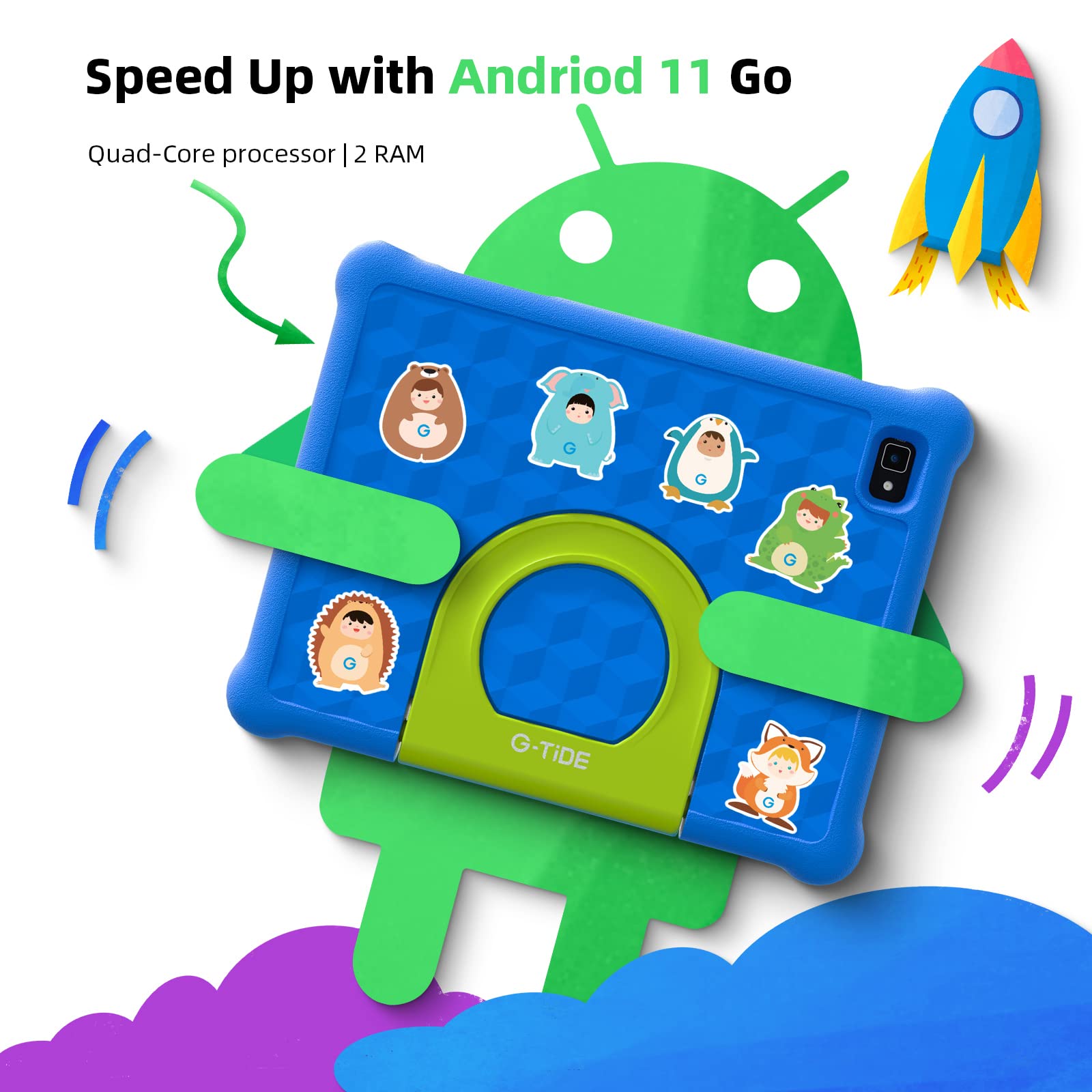 G-TiDE Kids Tablet, 10.1 inch Android 11 Tablet for Kids, 32GB ROM, Quad-Core, HD Dual Camera, WiFi Bluetooth, Parental Control, Kids App Klap with Kid-Proof Case and Screen Protector, Blue
