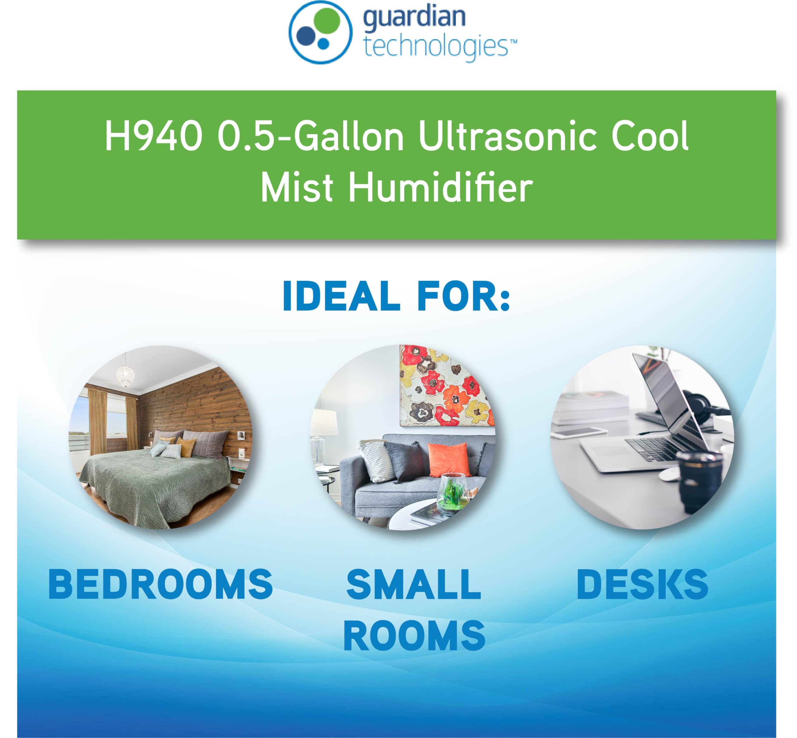 PureGuardian Ultrasonic Cool Mist Humidifier, 30 Hrs. Run Time, 0.5 Gal. Tank Capacity, 350 Sq. Ft. Coverage, Small Rooms, Quiet, Filter Free, Silver Clean Treated Tank, H940AR