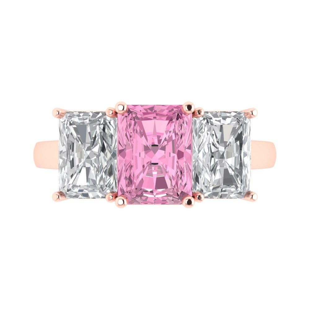 Clara Pucci 3.97ct Emerald Cut 3 Stone Solitaire with Accent Pink Diamond designer Modern Statement Ring Solid 14k Rose Gold