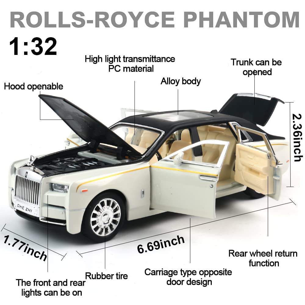 Diecast Cars 1:32 Scale, Rolls-Royce Phantom Model Car,Zinc Alloy Pull Back Toy car with Sound and Light for Kids Boy Girl Gift.