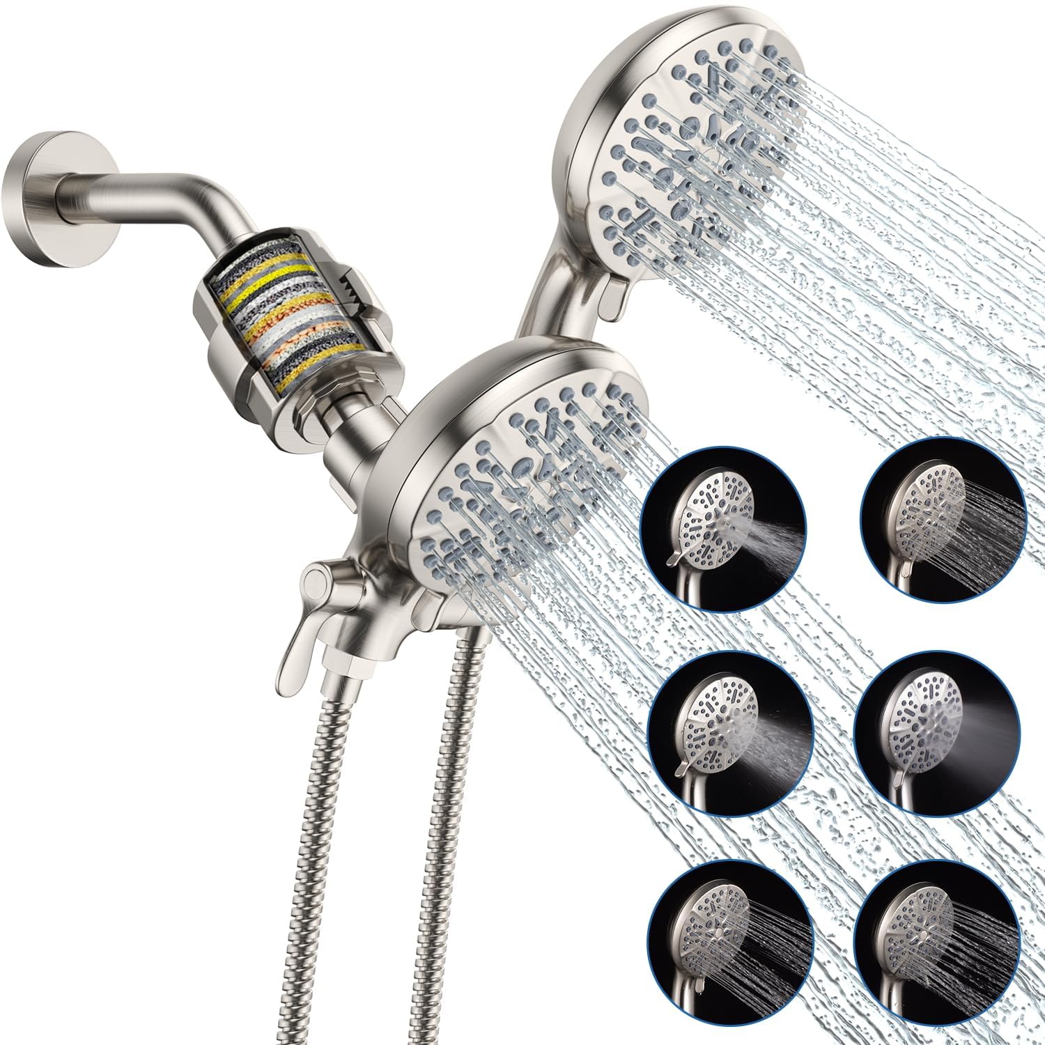 Filtered Shower Head - EMBATHER 7 Settings High Pressure Shower Heads with Handheld Spray Combo, 20 Stages Hard Water Filter Showerhead, Brushed Nickel