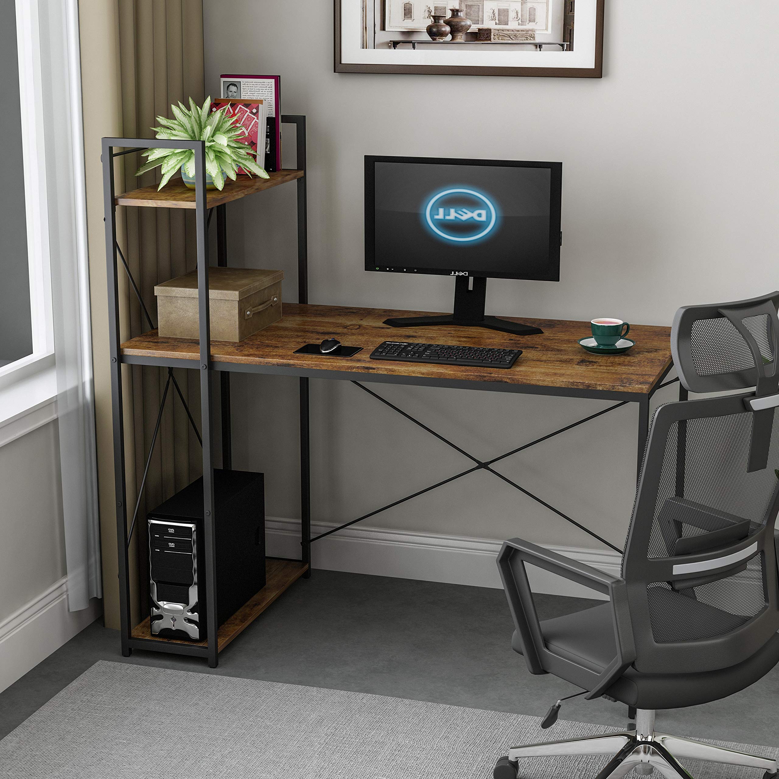 Computer Desk with Three Shelves 47 Inch,Home Office Desk with Storage Bookshelf, Study Writing Desk Industrial Style PC Laptop Table,Easy Assemble (Multi)