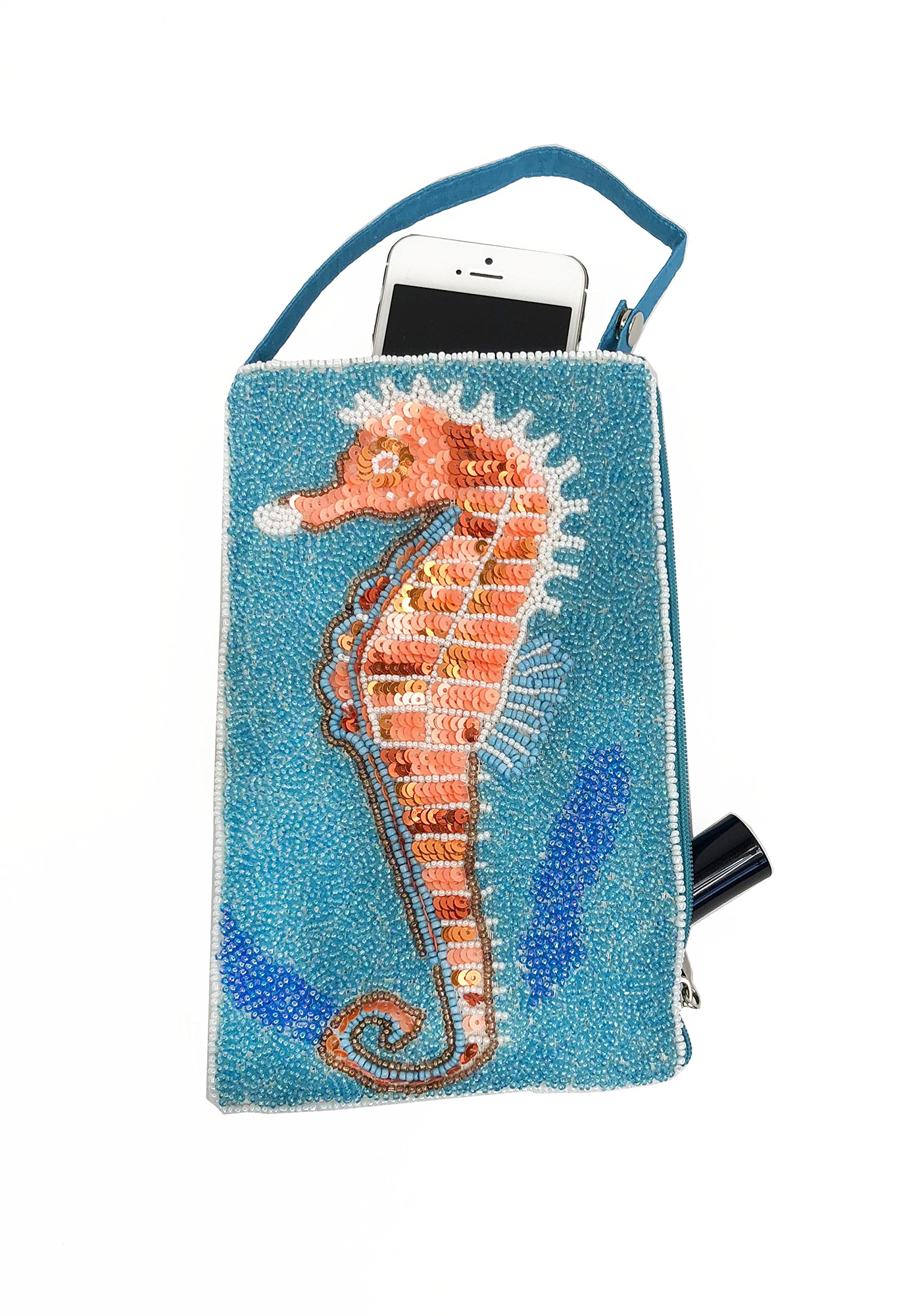 Seahorse Hand Beaded Light Purse Club Bag, With Cross body Strap and Buttoned Wristlet Strap