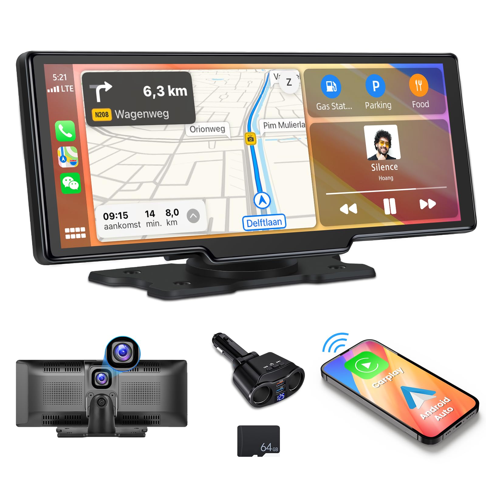 CAMECHO Wireless Apple Carplay Portable Car Stereo Android Auto, 9.3” HD Touchscreen CarPlay Screen, Portable Car Radio Support Bluetooth GPS Voice Control FM Dual Camera + 64G TF Card Car Charger