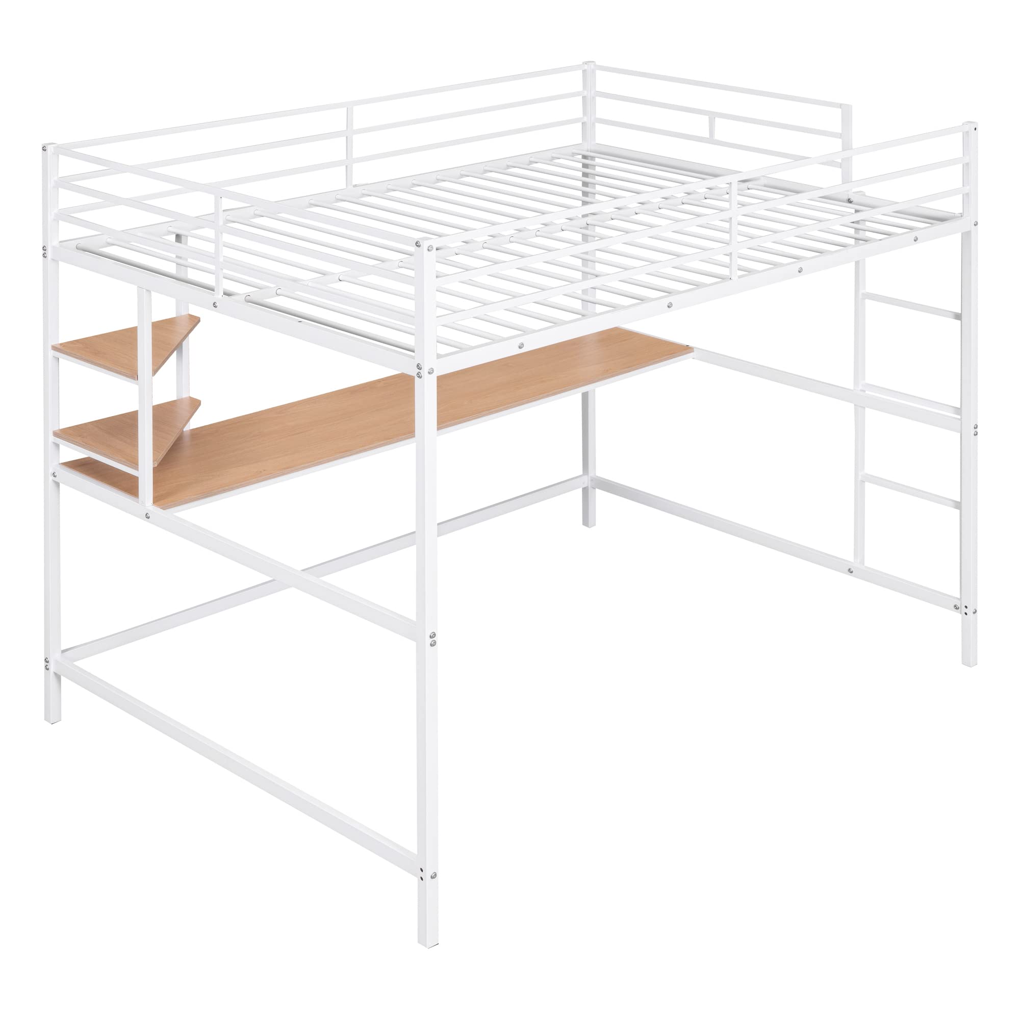 Full Size Loft Bed with Desk and Storage Shelves,Heavy-Duty Loft Bed Full for Kids,Metal Loft Bed Frame with Safety Guardrail,Space-Saving(Full,White)