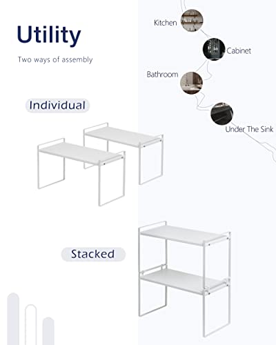 Nxconsu 2Pack Stackable Cabinet Shelf Organizer Storage Rack Shelf Riser for Kitchen Pantry Cupboard Bathroom Under Sink Counter Countertop Desk Space Saver Freestanding Heavy Duty Nonslip White Tall