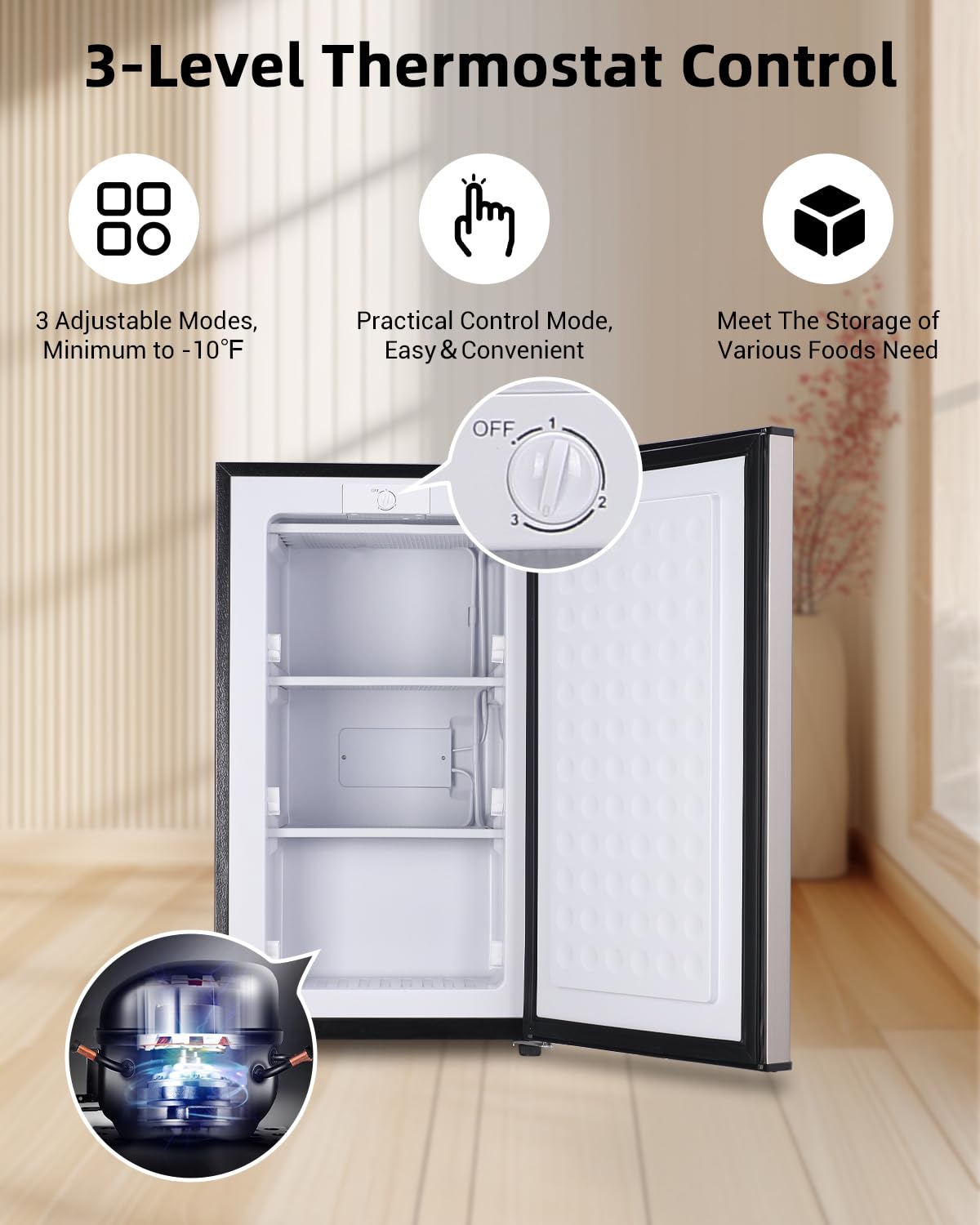 Geekman Upright Freezer, 3.2 Cu.ft Mini Freezer with Removable Shelves, 3-Level Adjustable Thermostat, Perfect for Home, Dorm, Office, Garage, Silver Color