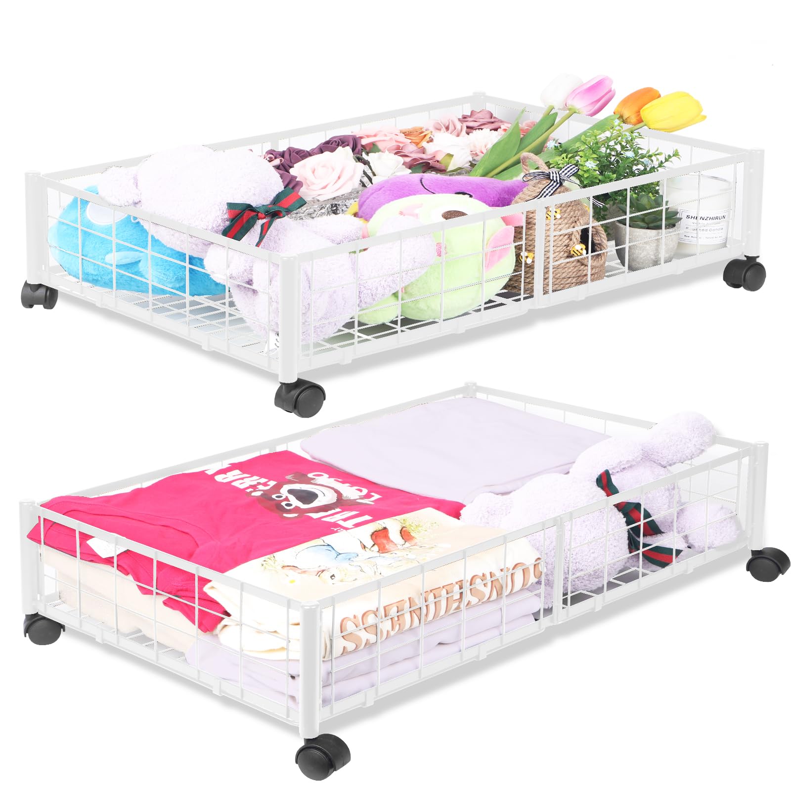 Kmise Underbed Storage With Wheels,2 Pcs Metal Under Bed Storage Containers For Bedroom Clothes Blankets Toy Book Bedding Shoes Storage Organizer (White, 2 Pcs)