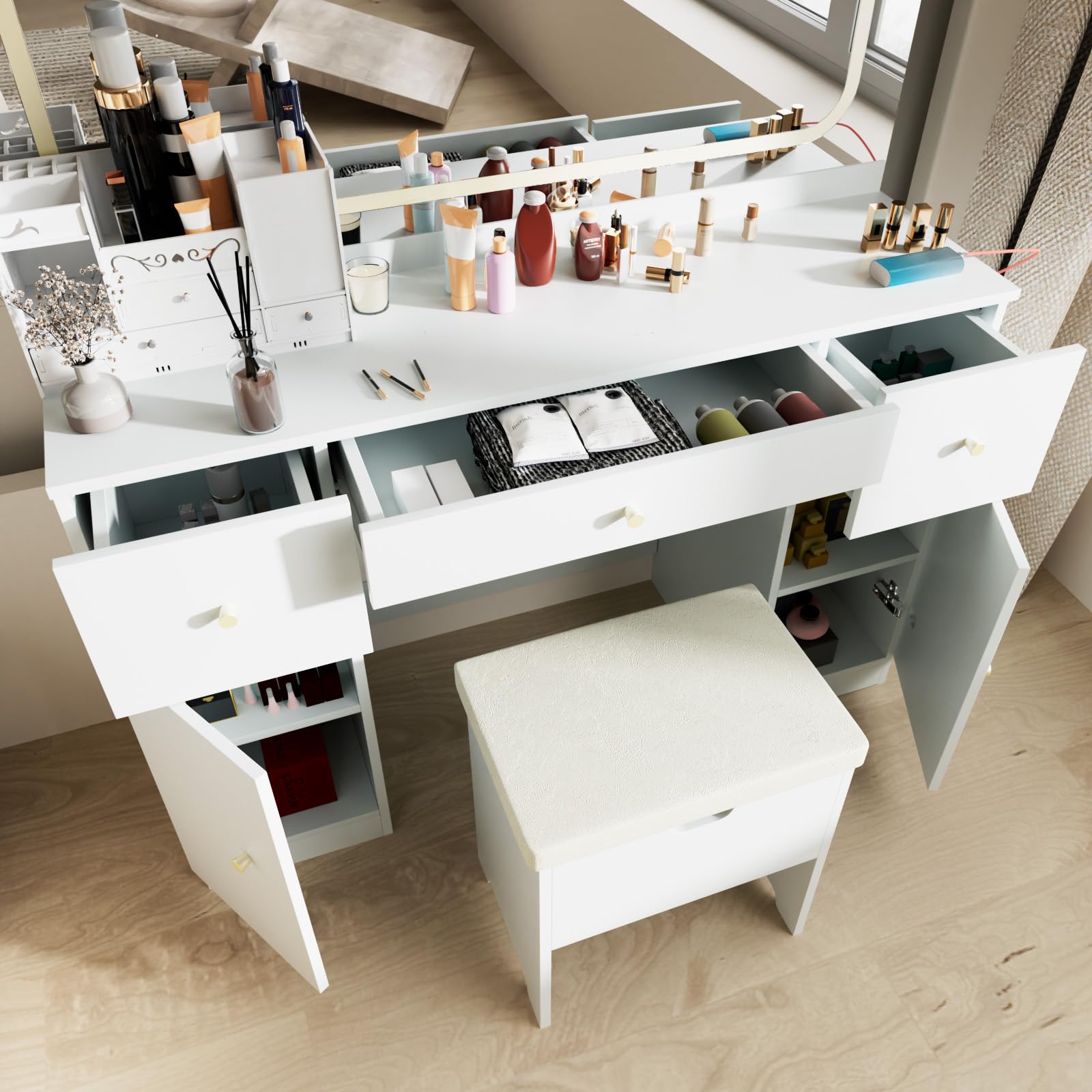 ClouDDwell Vanity Desk Set with LED Lighted Mirror & Charging Station, 3 Drawers & 2 Cabnits Makeup Vanities Dressing Table with Stool, for Bedroom, White
