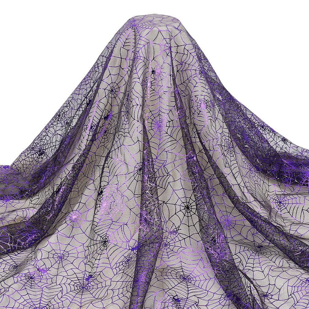 FINGERINSPIRE Halloween Spider Web Fabric 78.7x66.1 inch Wide Glliter Dark Orchid Color Spider Webs Fabric Halloween Cobweb Tulle Fabric for Halloween Decoration Horror Theme Accessory