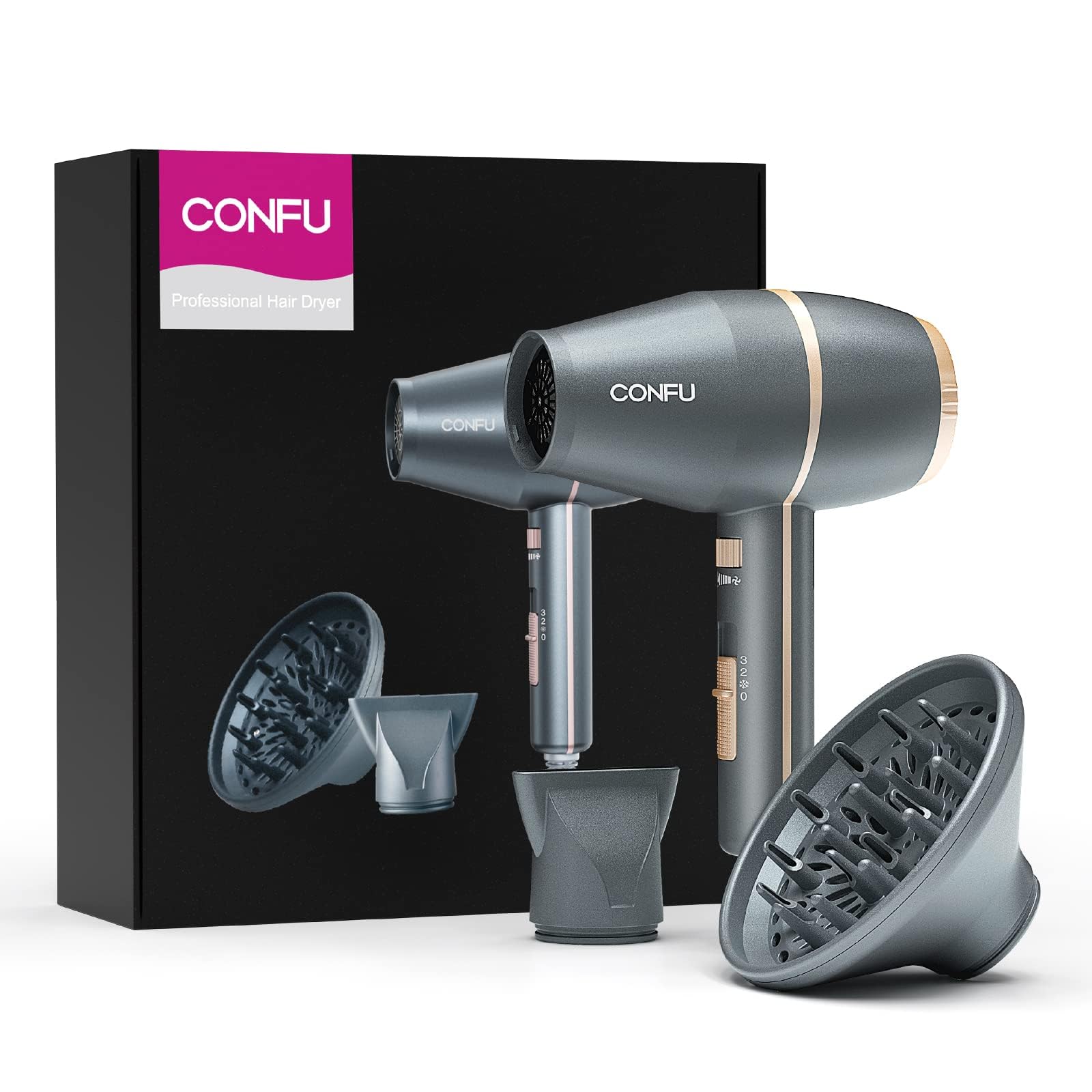 CONFU 1600W Hair Dryer with Ionic Technology, ALCI Safety Plug, Removable End Cap, Black