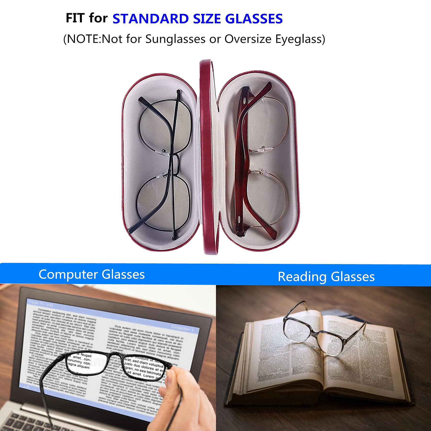 Classic 2 in 1 Glasses Case, PU Leather Hard Shell Eyeglasses Case (Red)