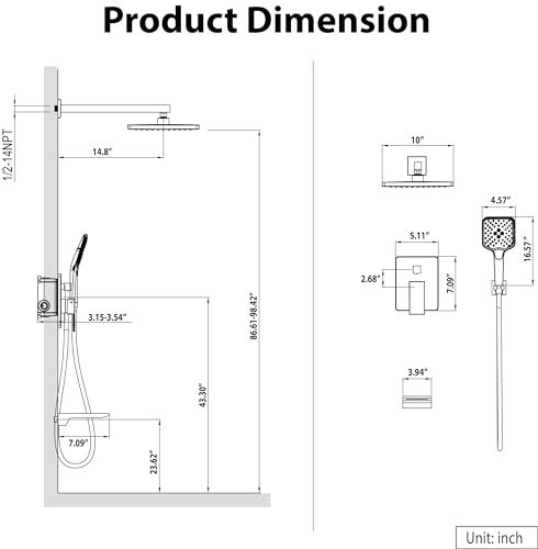 Gabrylly Shower System with Tub Spout, Wall Mounted Shower Faucet Set for Bathroom with High Pressure 10" Rain Shower head and 3-Setting Handheld Shower Head Set,Brushed Gold