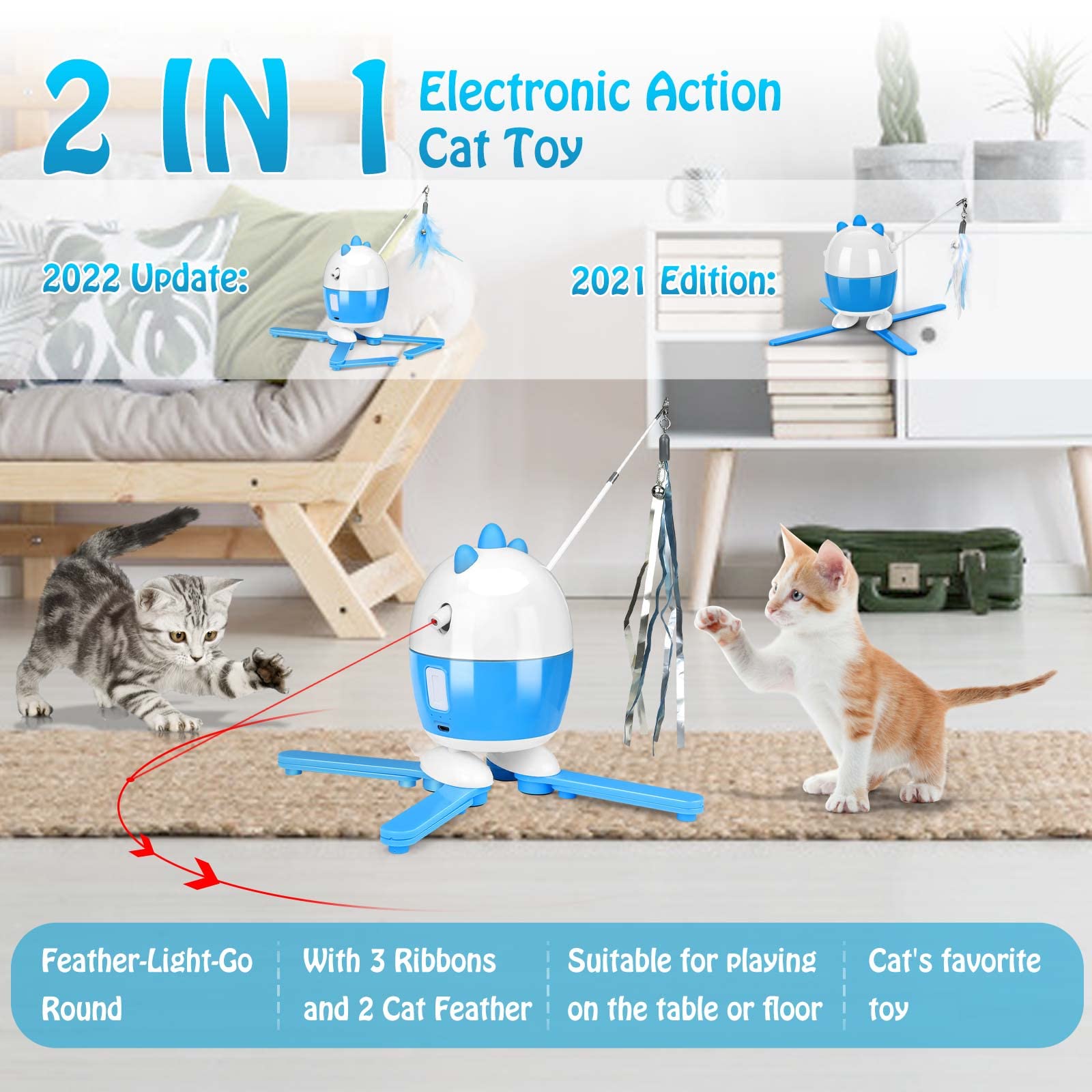 Cat Toys Interactive, Cat Light Toy and Cat Feather Toys 2 in 1, Recharge Cat Exercise Toys for Indoor Cats, Adjustable Cat Toy Automatic Light