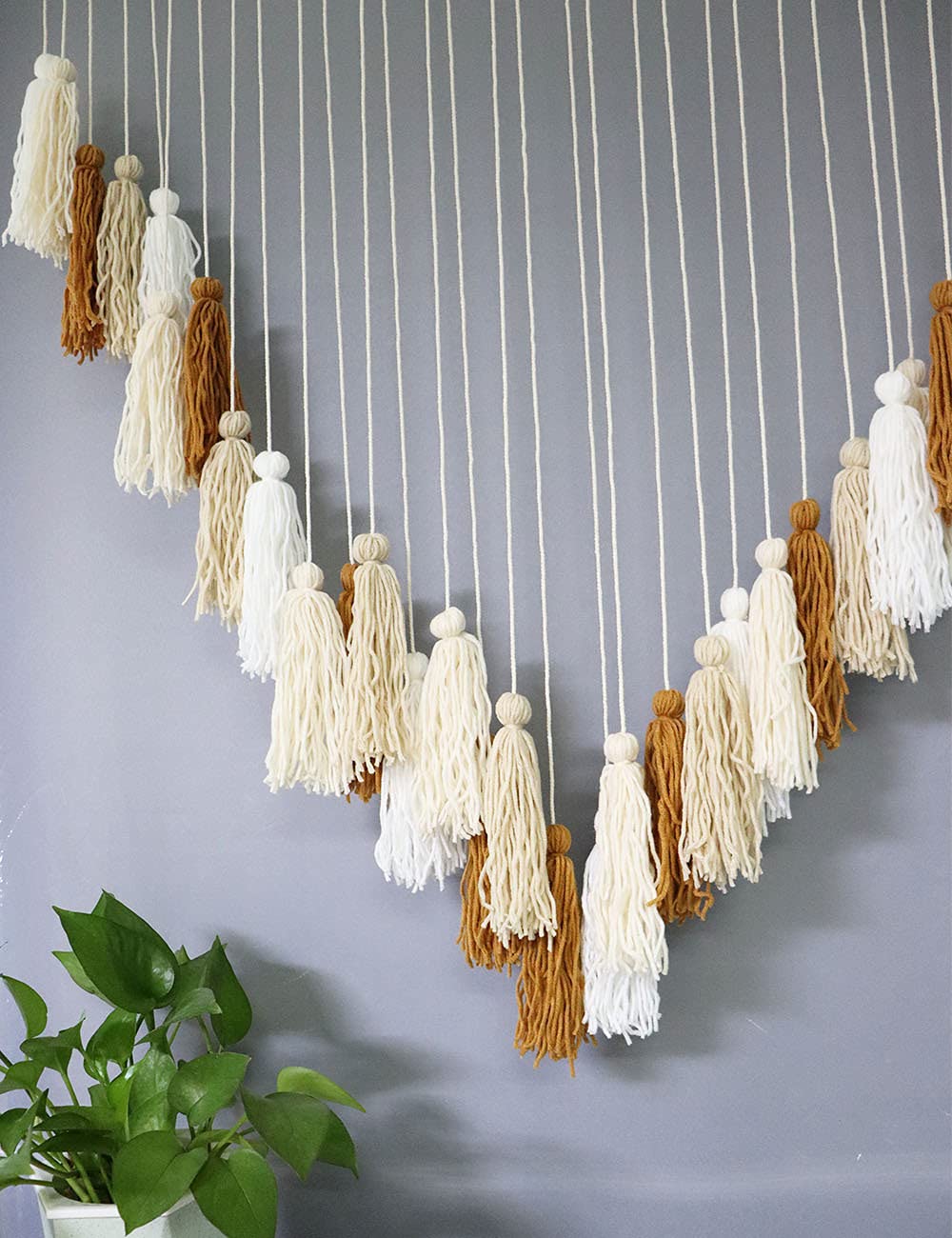 Coucou Large Macrame Tassel Wall Hanging Boho Wall Decor, Yarn Tassels Garland with Wood Beads for Nursery Decor 41" x 31''