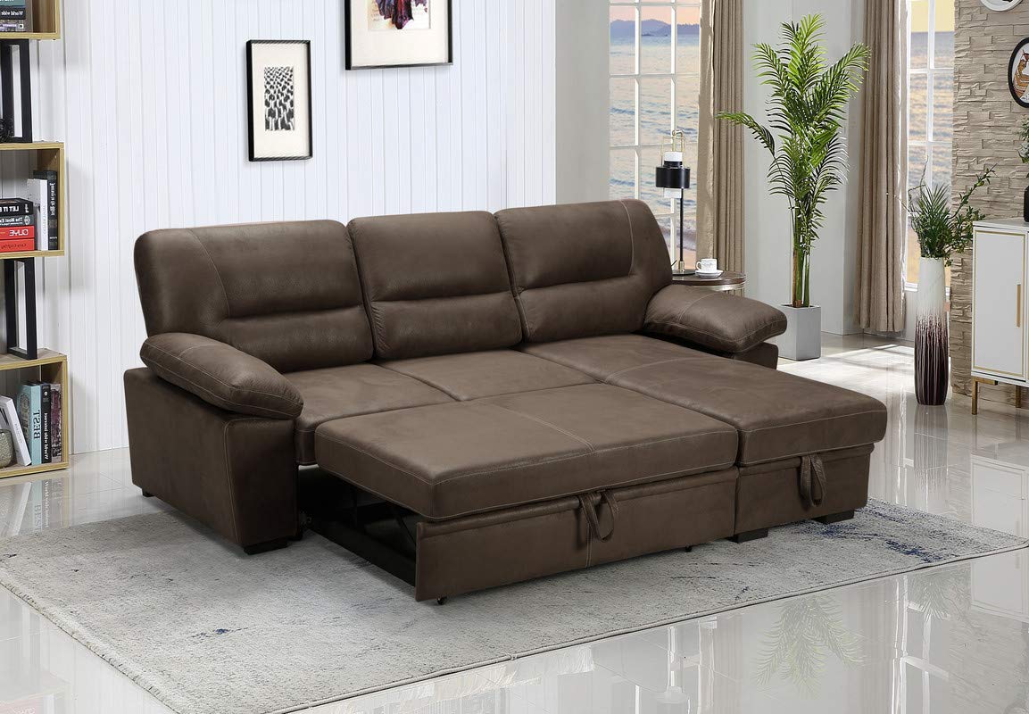 Lilola Home Kipling 99" W Saddle Brown Microfiber Reversible Sleeper Sectional Sofa Chaise