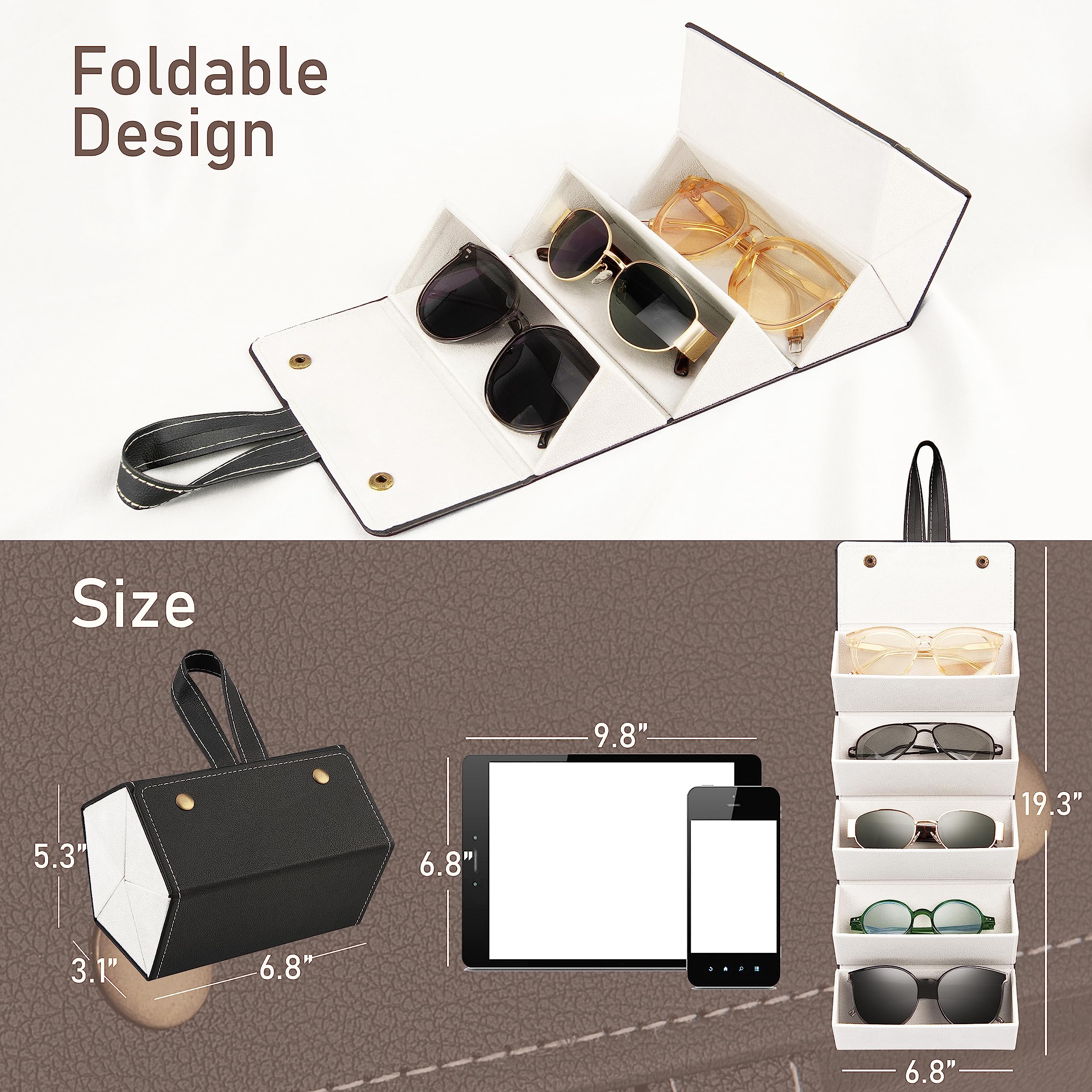 DDG Sunglass Organizer 5 Slots - Multiple Sunglasses Travel Case for Men and Women, Convenient PU Leather Storage Box
