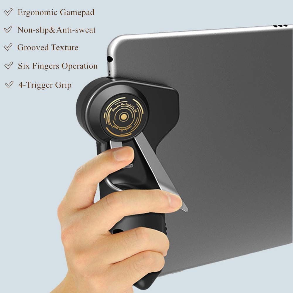 Rakizbe PUBG Controller for Tablet 4 Triggers [6 Finger Operation] Sensitive Shoot Aim Trigger Gamepad Grip, Support 10-12.9 inch iPad & Tablet (Thickness < 10mm), Black