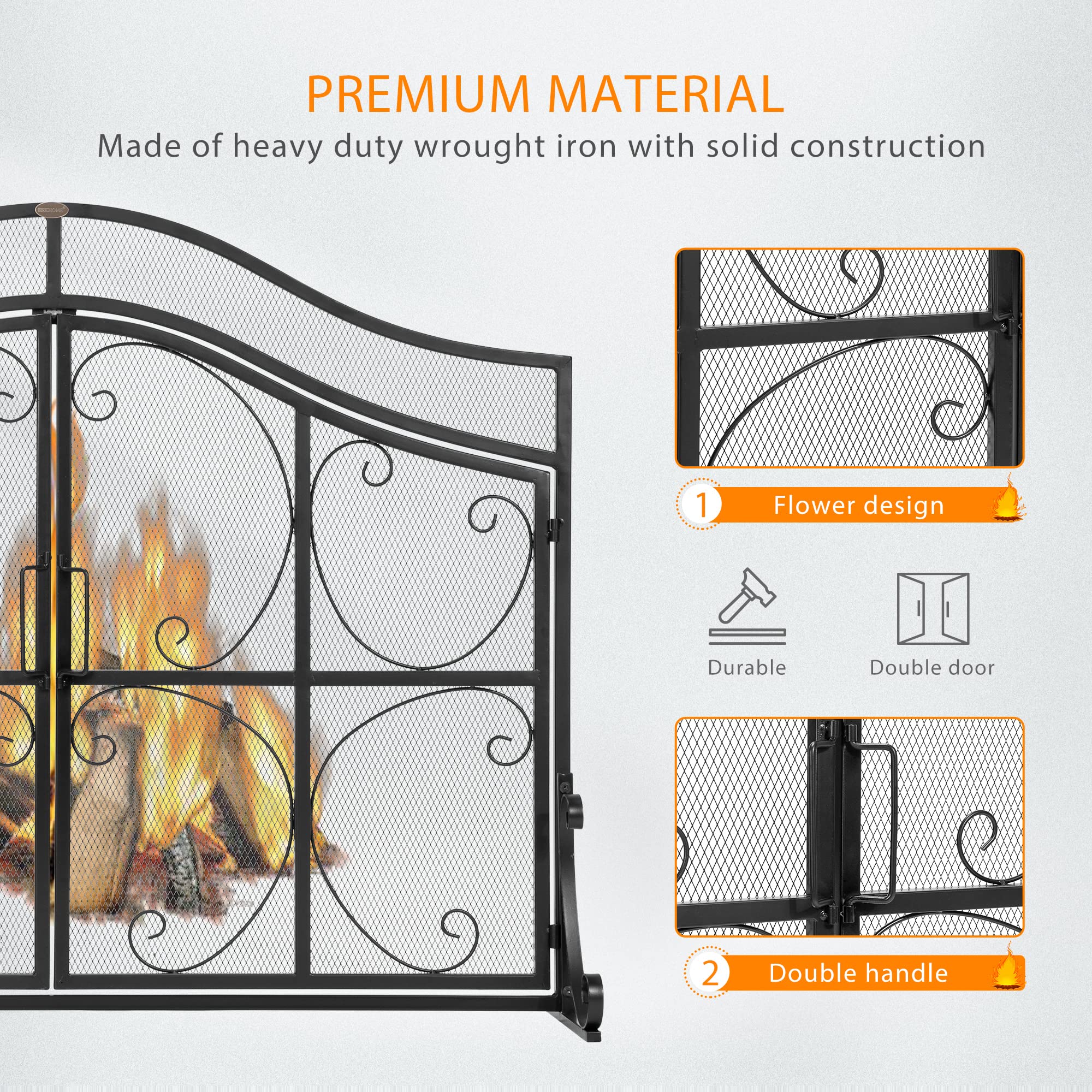 VIVOHOME 43.3 x 34 Inch Wrought Iron Fireplace Screen with Doors Metal Decorative Mesh Fire Spark Large Flat Guard Gate Cover Fireplace Barrier Panels Black