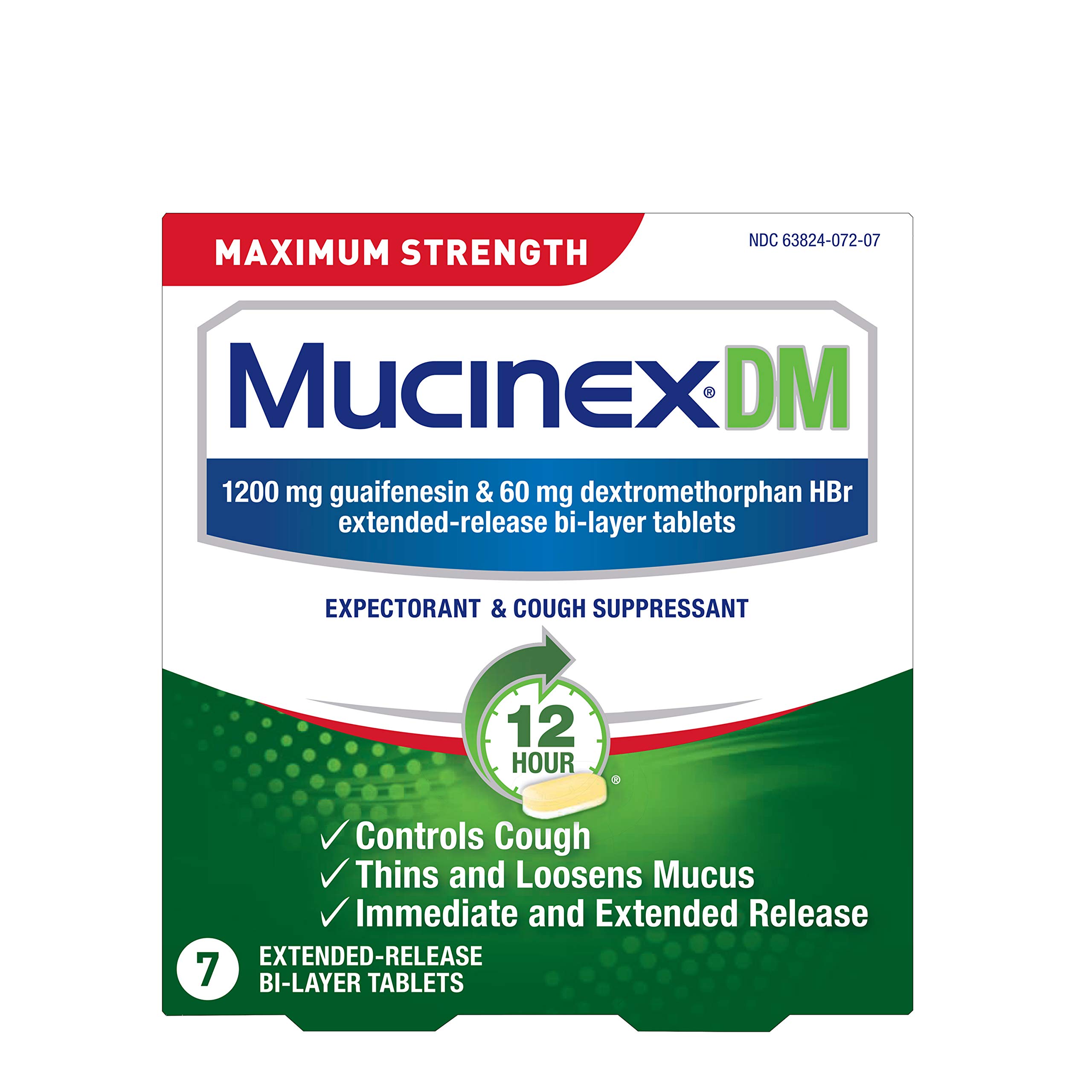 Cough Suppressant and Expectorant, Mucinex DM Maximum Strength 12 Hour Tablets, 7 count (Pack of 24)