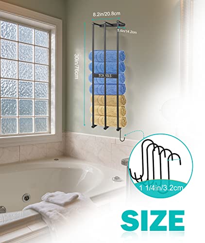 KOCWELL Towel Racks for Bathroom Wall Mounted, 3 Bar Bathroom Towel Holder with Extra 4 Suction Cups and 5 Hooks, Bathroom Towel Storage, Metal Bath Towel Holder for Large Towel Washcloths, Black