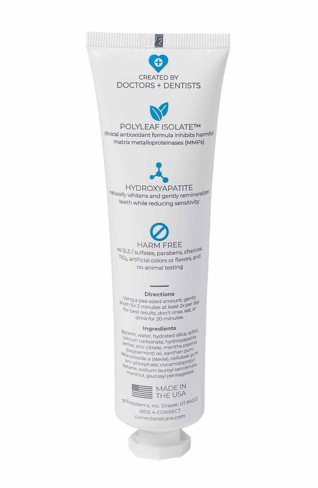 Correct MMP Inhibiting Hydroxyapatite Toothpaste, Created by Doctors + Dentists for Gum Health, Remineralizing Enamel, Whitening, Sensitive Teeth, Antiplaque, Fluoride Free, SLS Free, 4oz, Made in USA