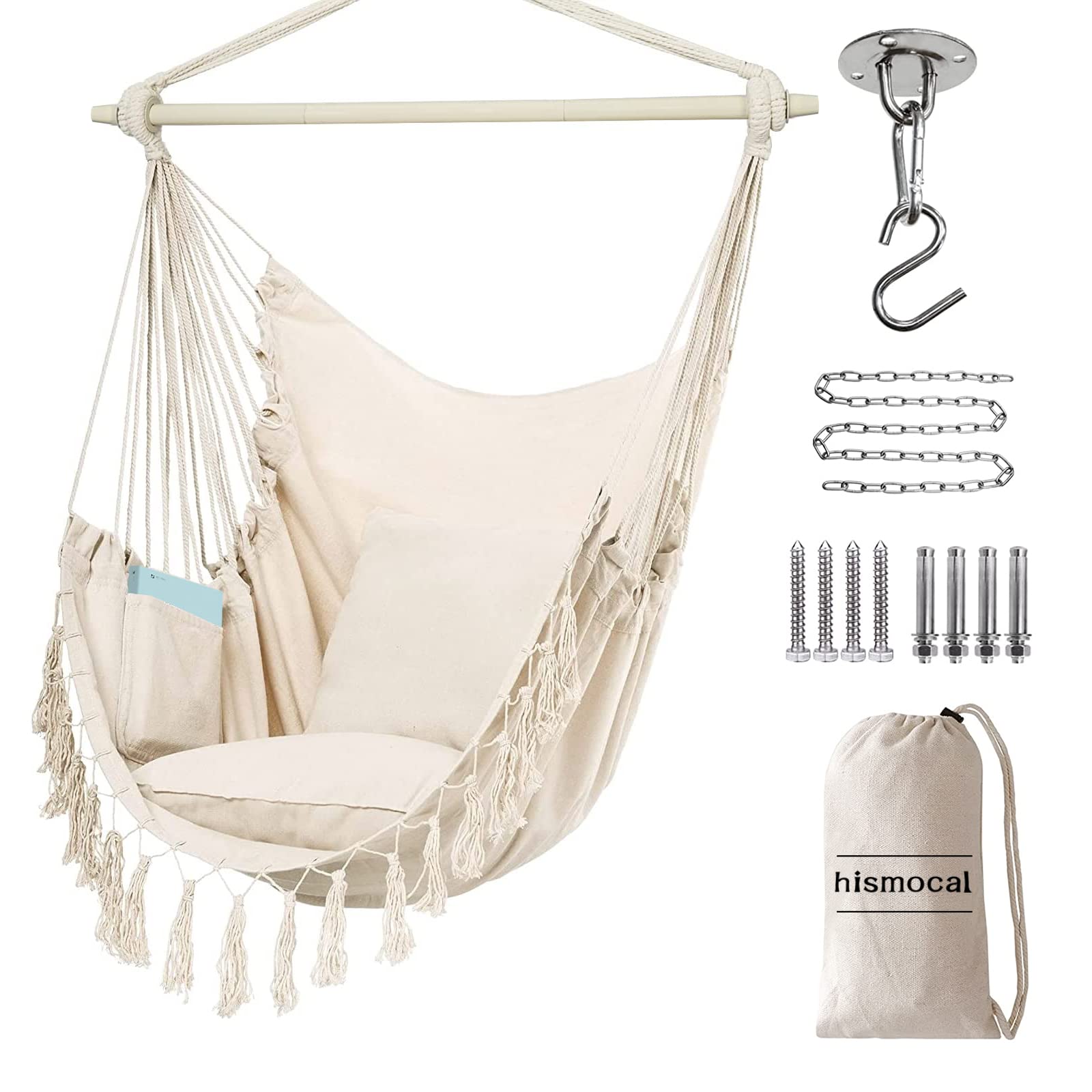 Hanging Hammock Chair Swing Indoor- Patio Outdoor Rope Hanging Chairs Sturdy & Safe for Bedroom Decor or Camping Gear,Max 330 Lbs,2 Comfort Cushions Included for Kids Girls,Easy to Assemble,Beige