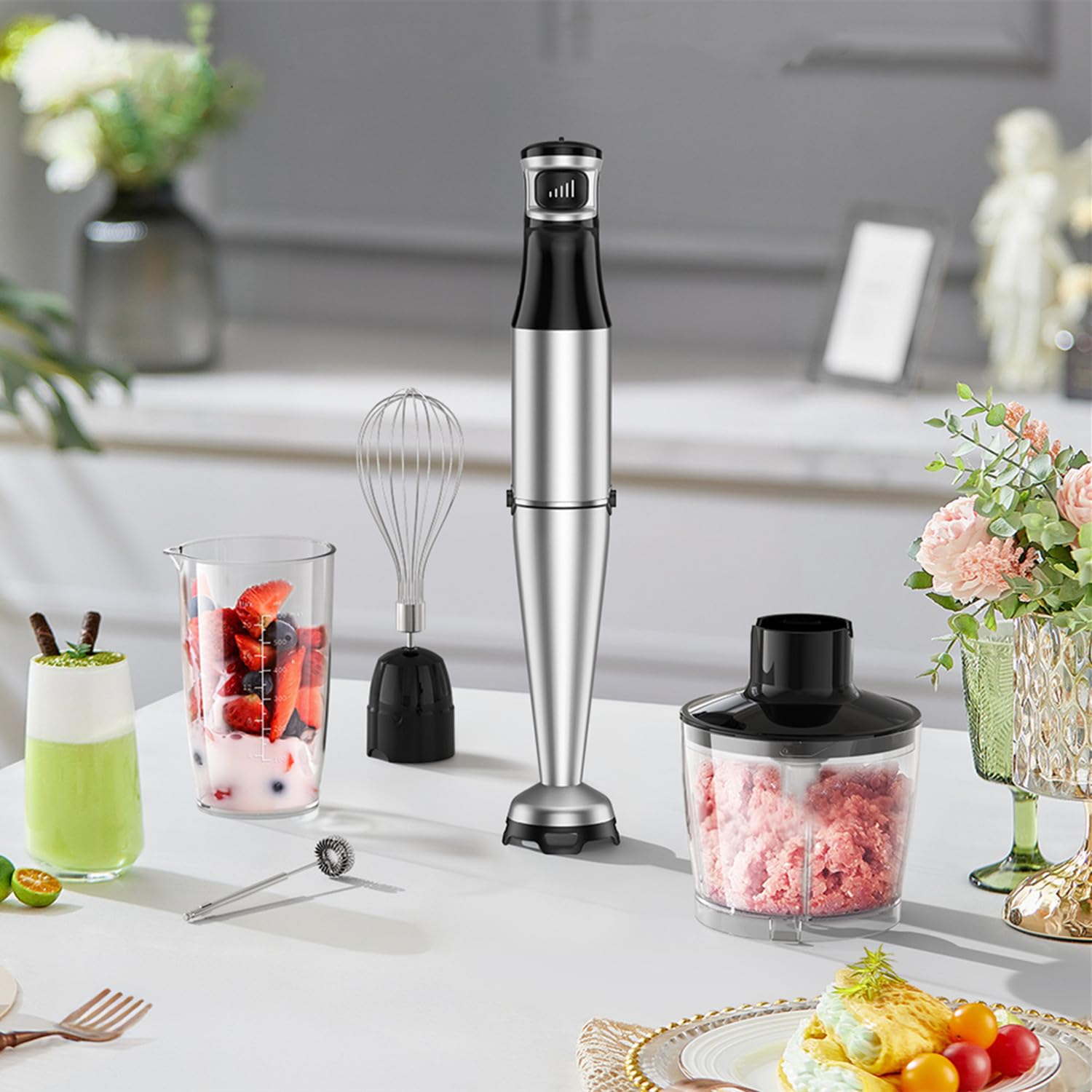 Immersion Hand Blender 5-in-1 1000W Stick Blender Infinitely Variable Speed, Stainless Steel Emulsifier, Detachable with 500ml Chopper, 600ml Breaker, Whisk, Milk Frother for Soup, Smoothie Puree